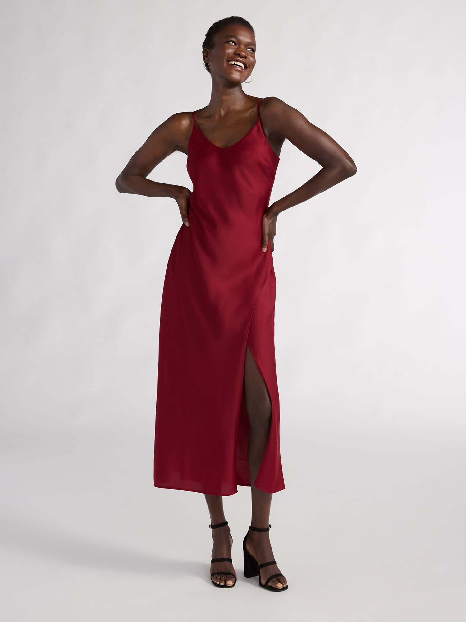 Scoop Women's Satin Midi Slip Dress with Side Slit, Sizes XS-XXL ...