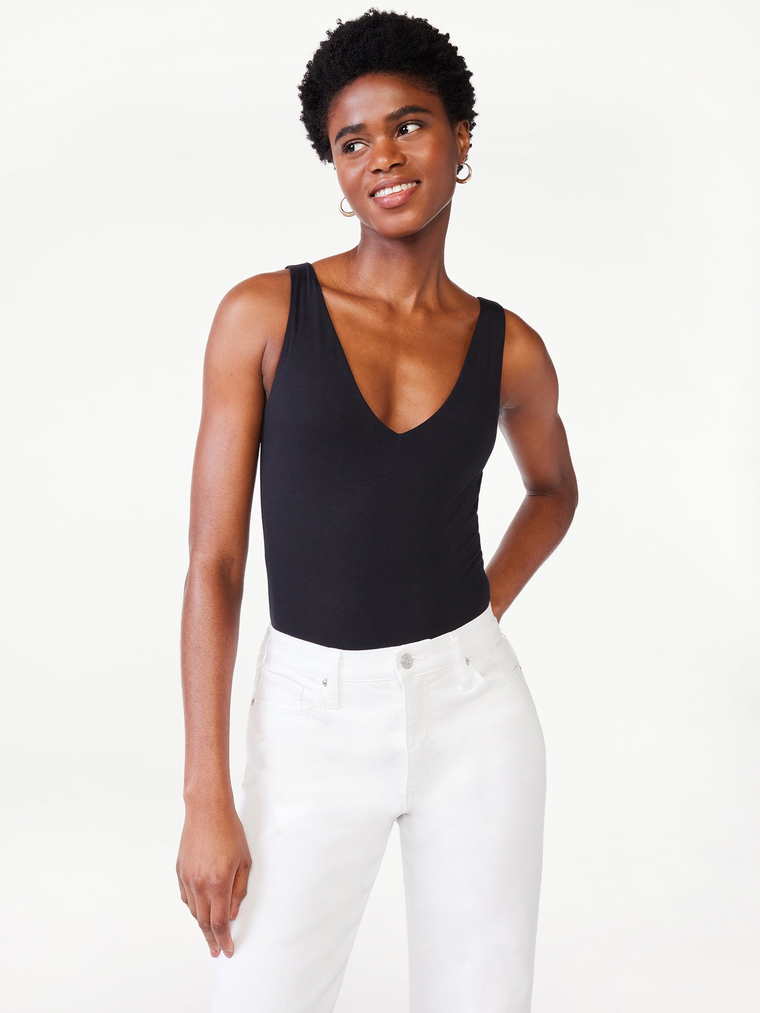 Scoop Women's Sleeveless Double V Neck Fitted Bodysuit - Walmart.com