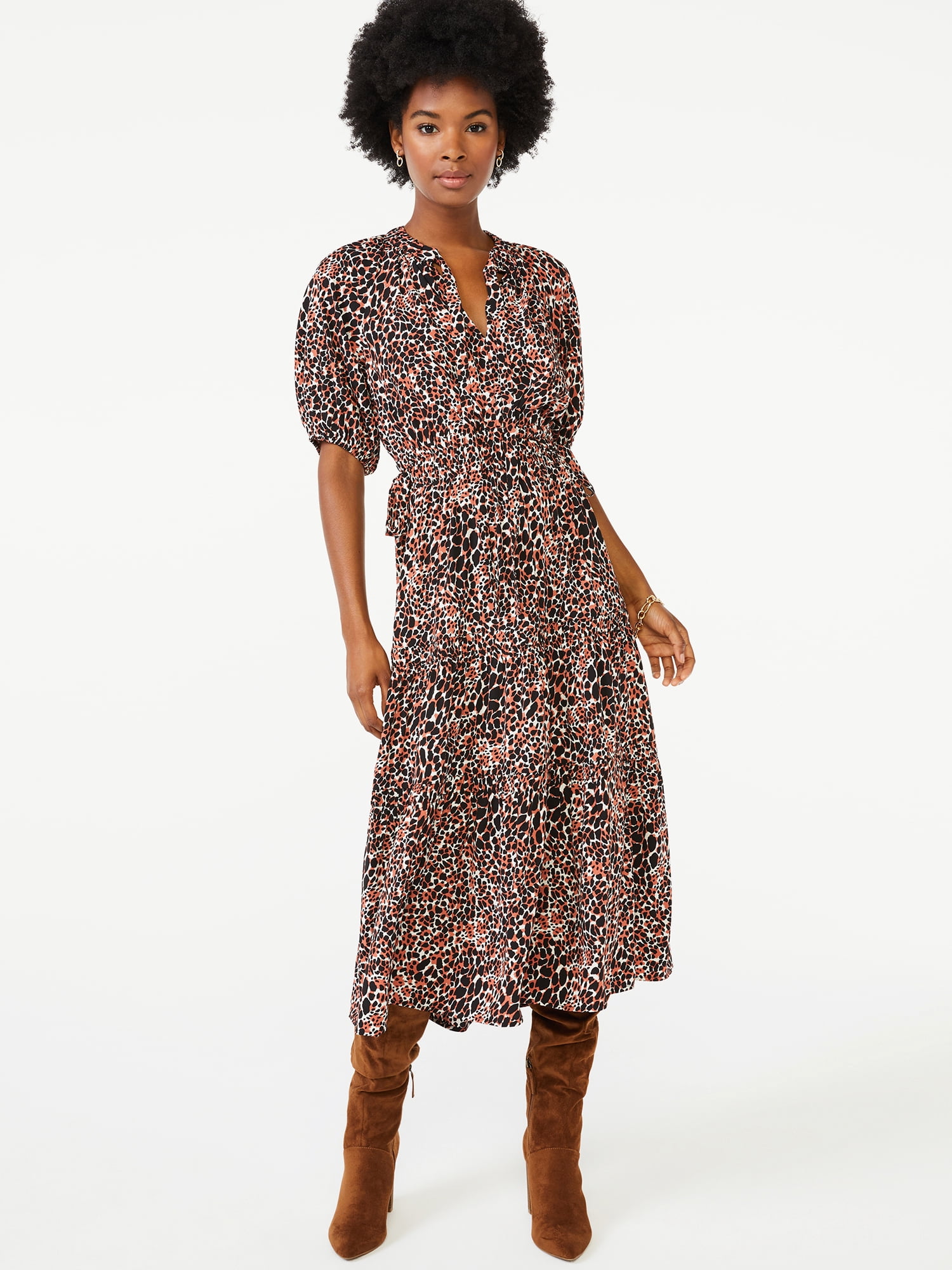 Scoop Women's Split Neck Tiered Midi Dress - Walmart.com