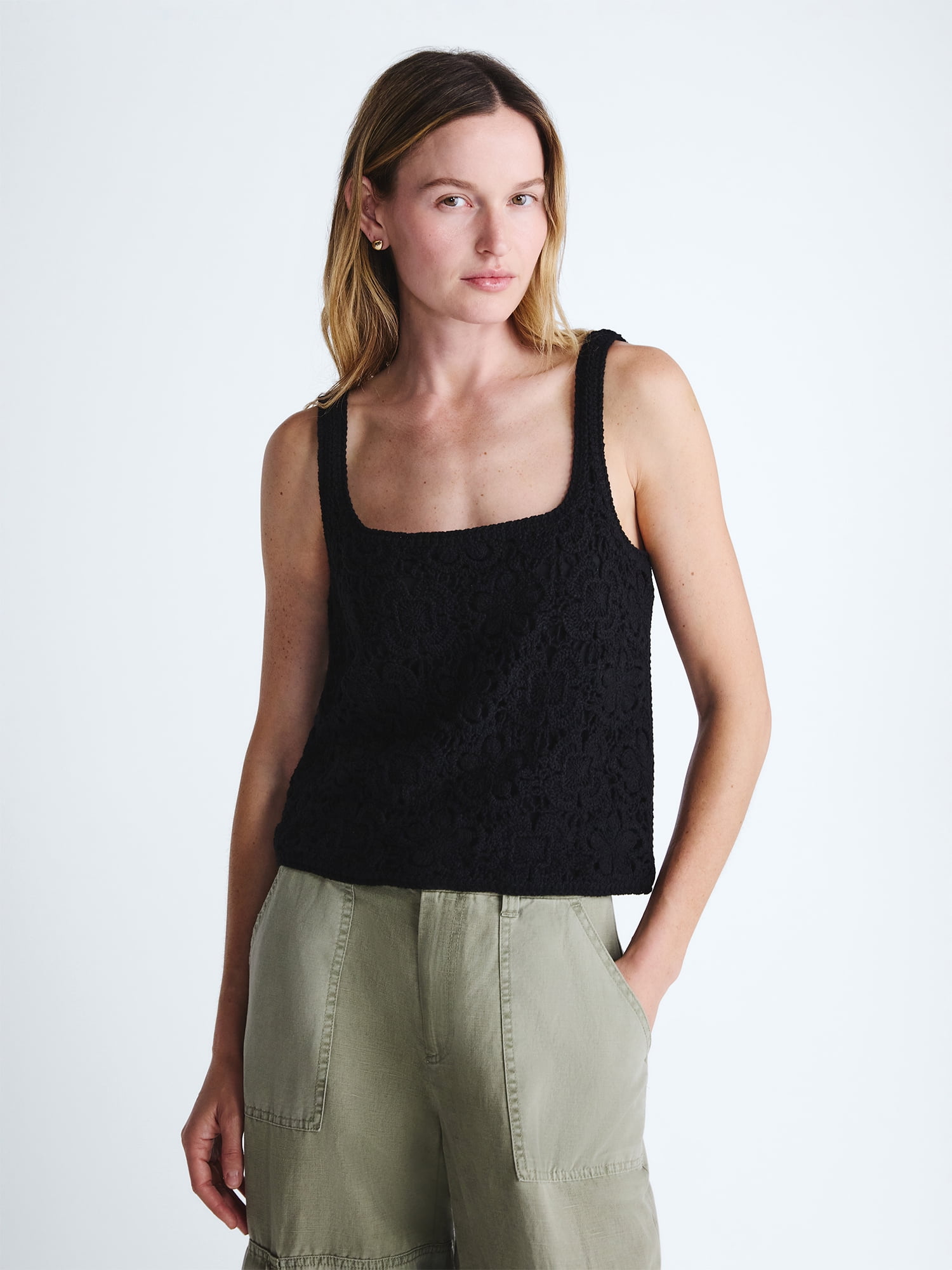 Scoop Women's Square Neck Crochet Cotton Tank Top, Sizes XS-XXL ...
