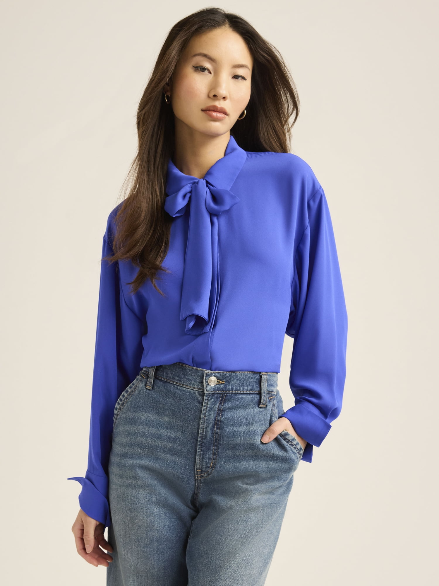 Scoop Tie Neck Blouse - women's Long Sleeve Top - Walmart.com