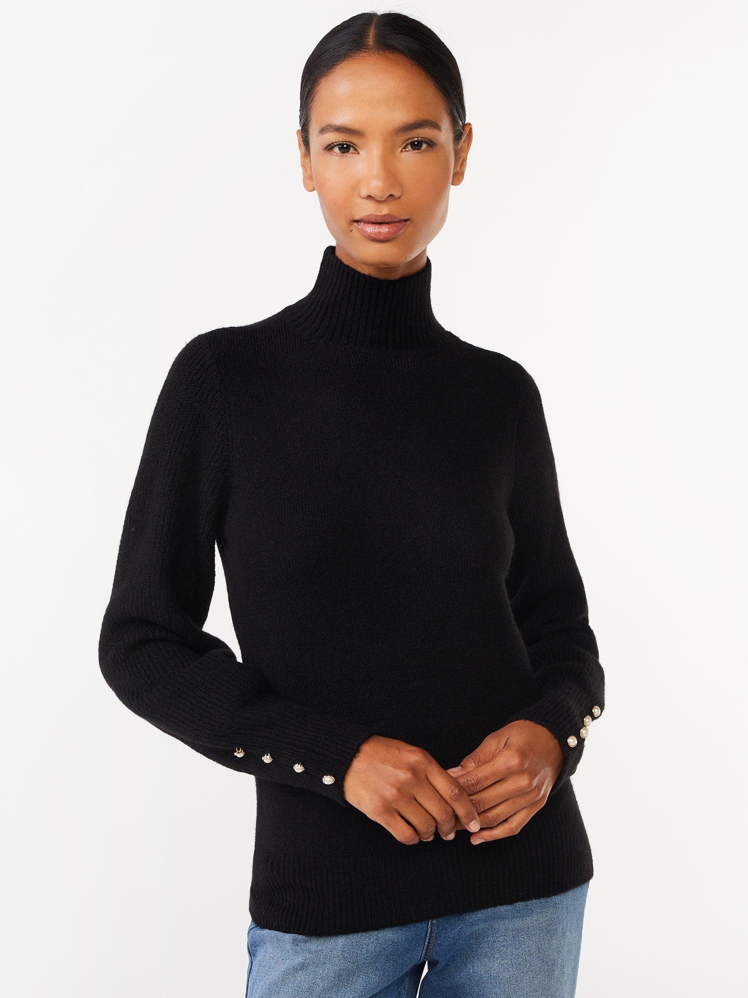 Scoop Women's Turtleneck Sweater with Faux Pearl Button Cuffs ...