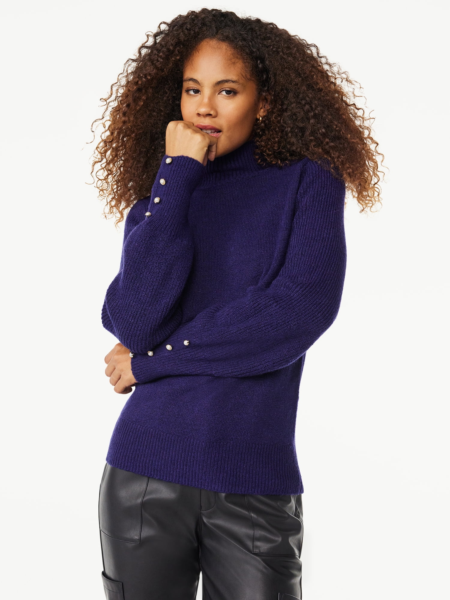 Scoop Women's Turtleneck Sweater with Faux Pearl Button Cuffs ...