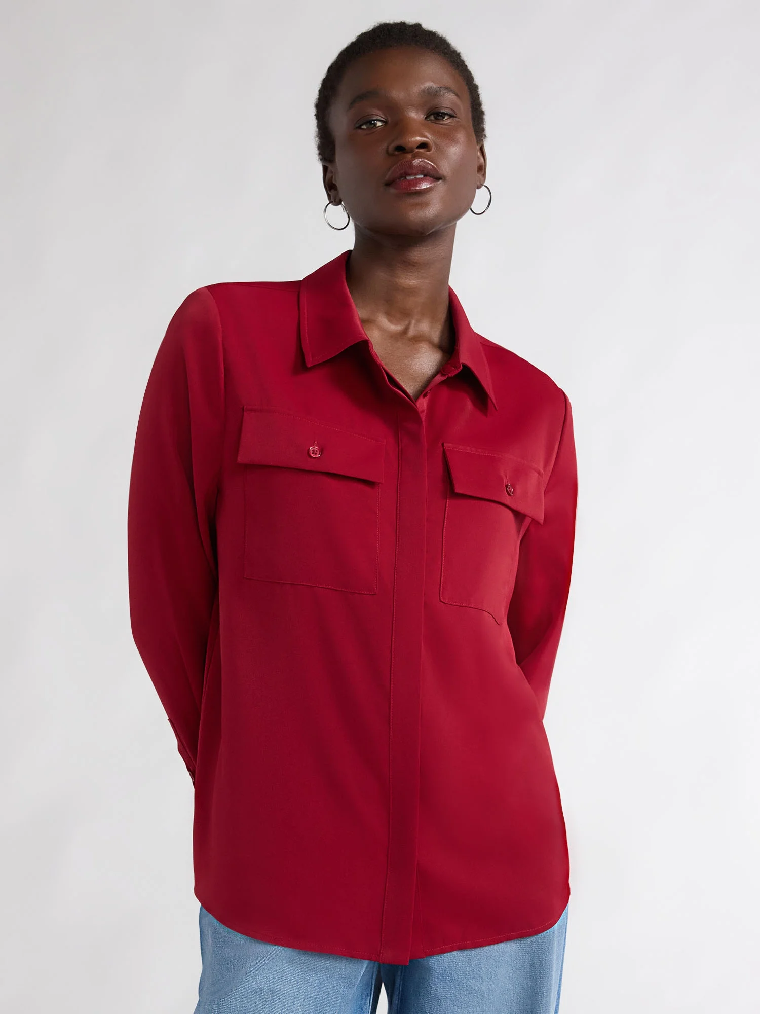 Scoop Women's & Women's Plus Button Down Blouse with Two Pockets, Sizes ...