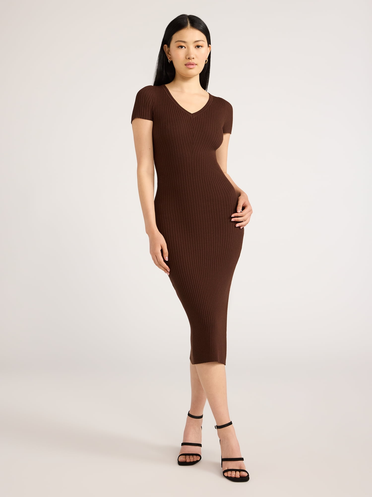 Scoop Women's V-Neck Bodycon Ribbed Sweater Dress, Midweight, Sizes XS ...