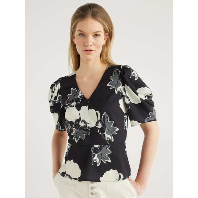 Scoop Women's V-Neck Top with Pleated Volume Sleeves, XS-XXL, 100% Polyester - Walmart.com