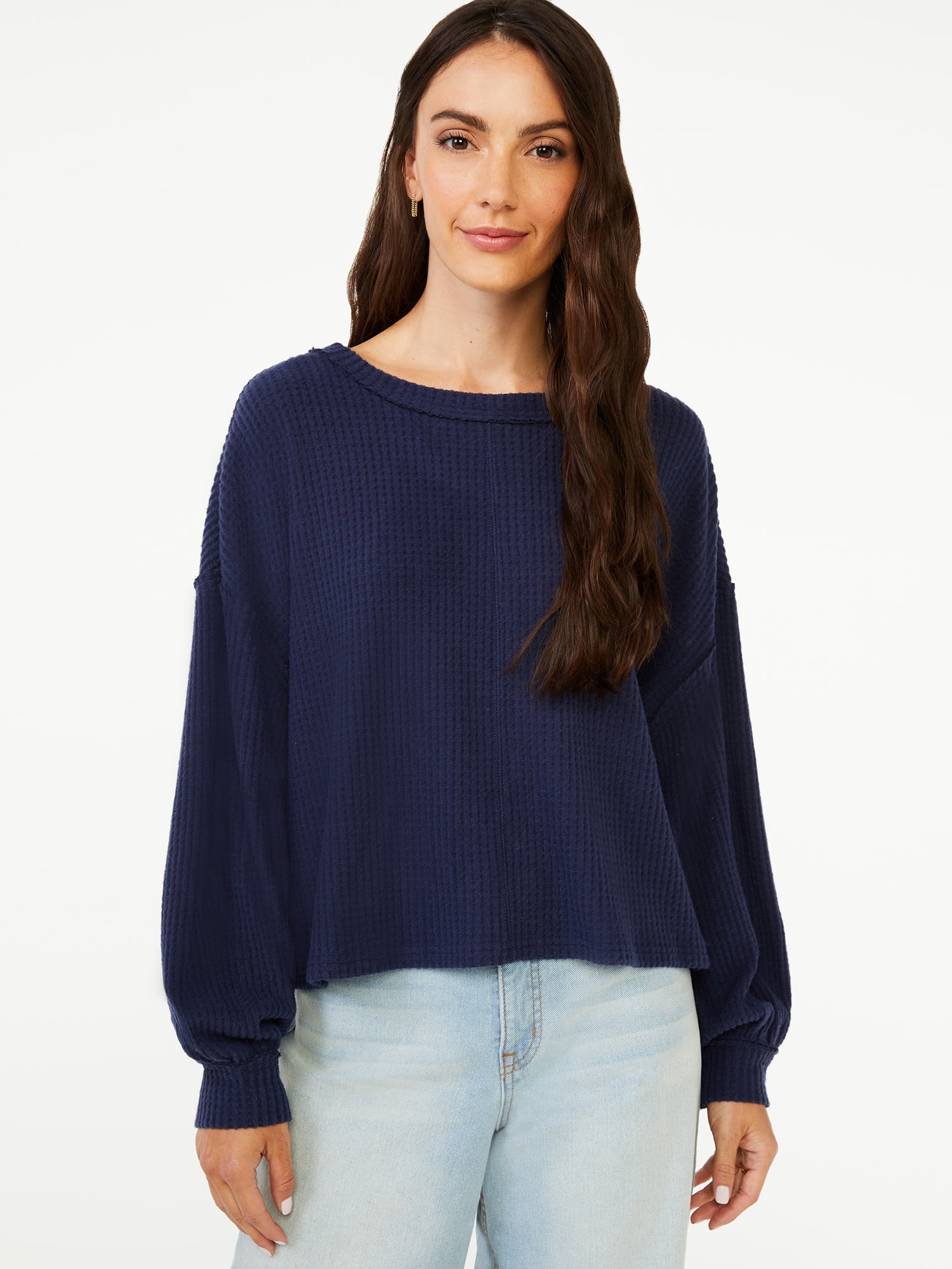 Scoop Women's Waffle Knit Slouch Top with Long Sleeves - Walmart.com