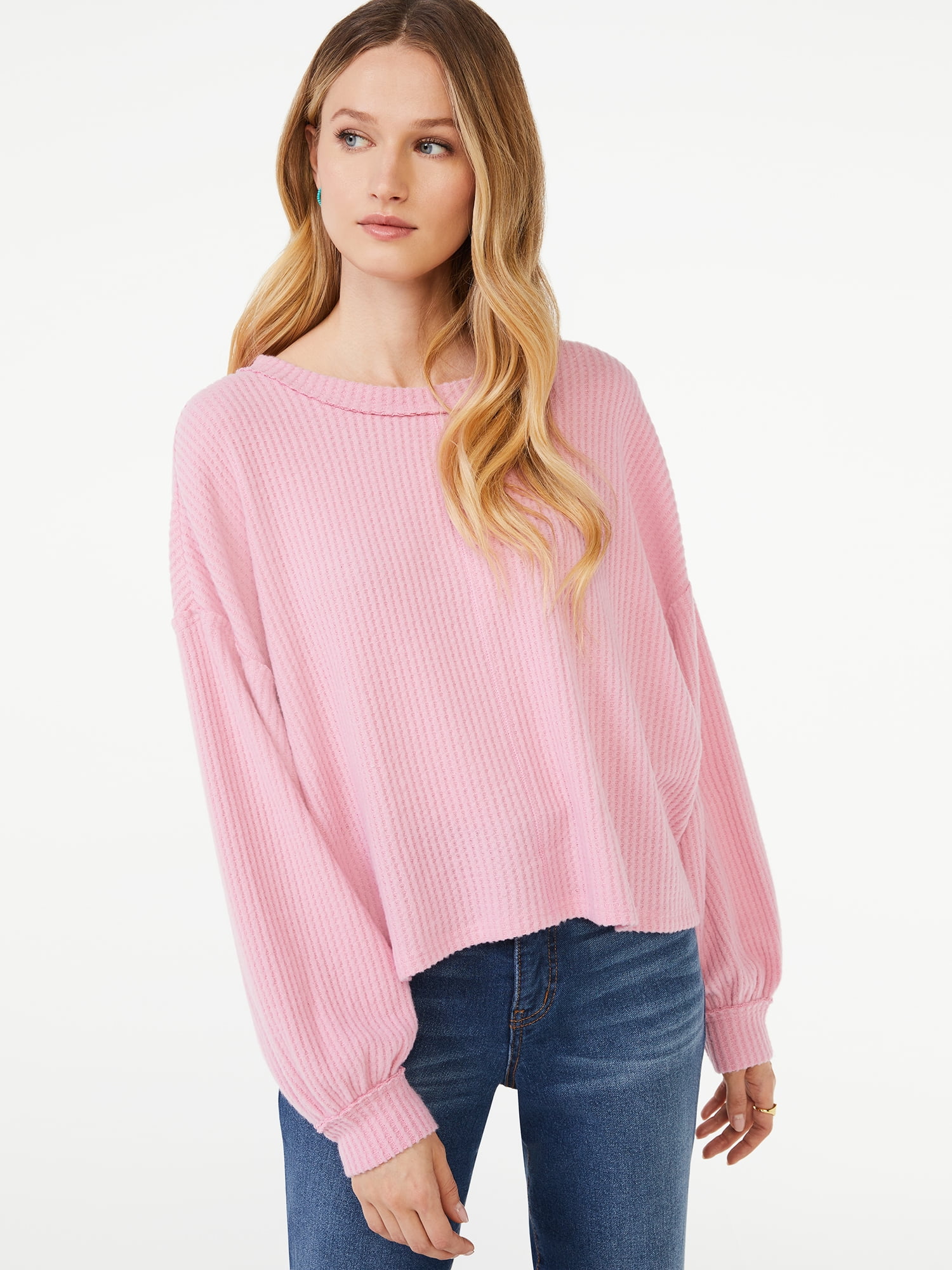 Scoop Women's Waffle Knit Slouch Top with Long Sleeves - Walmart.com