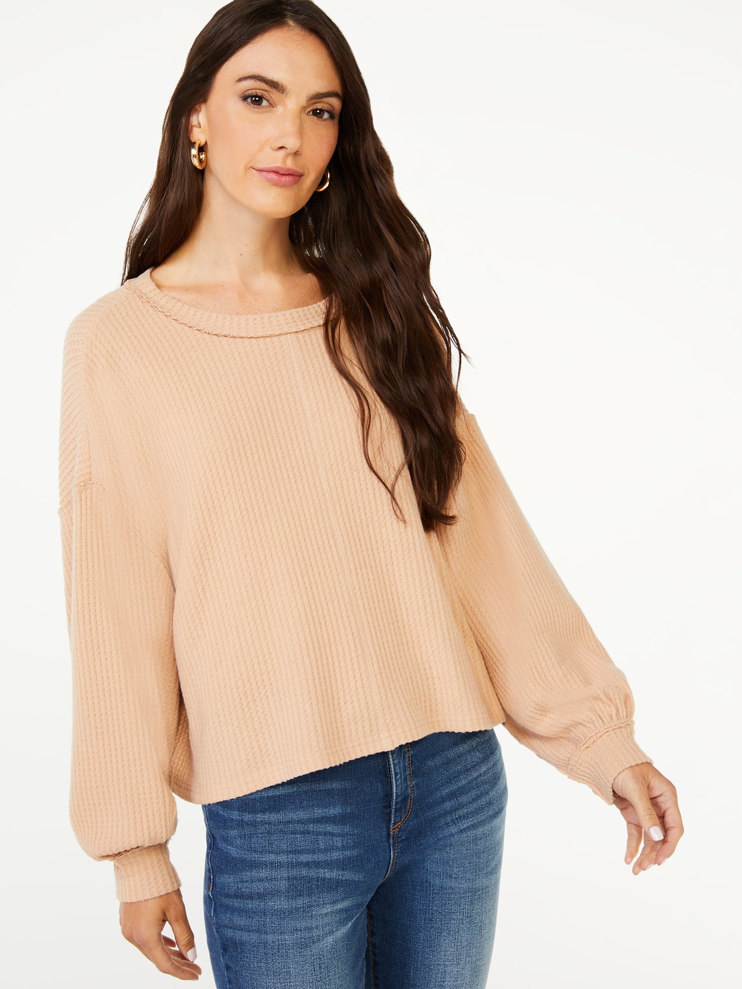 Scoop Women's Waffle Knit Slouch Top with Long Sleeves - Walmart.com