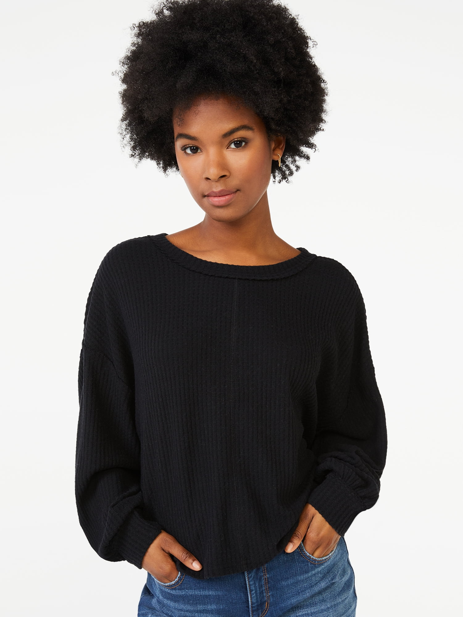 Scoop Women's Waffle Knit Slouch Top with Long Sleeves - Walmart.com