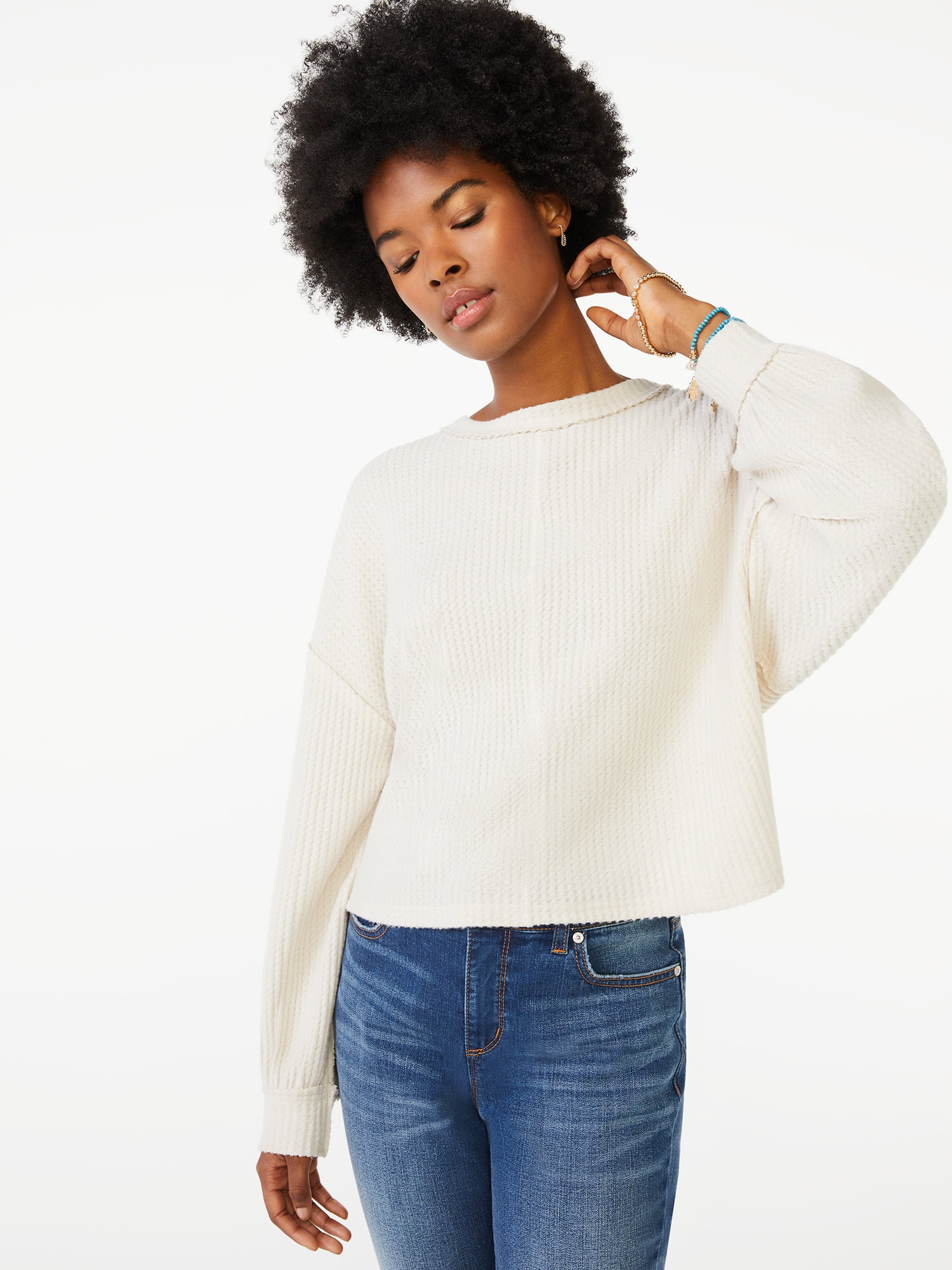 Scoop Women's Waffle Knit Slouch Top with Long Sleeves - Walmart.com