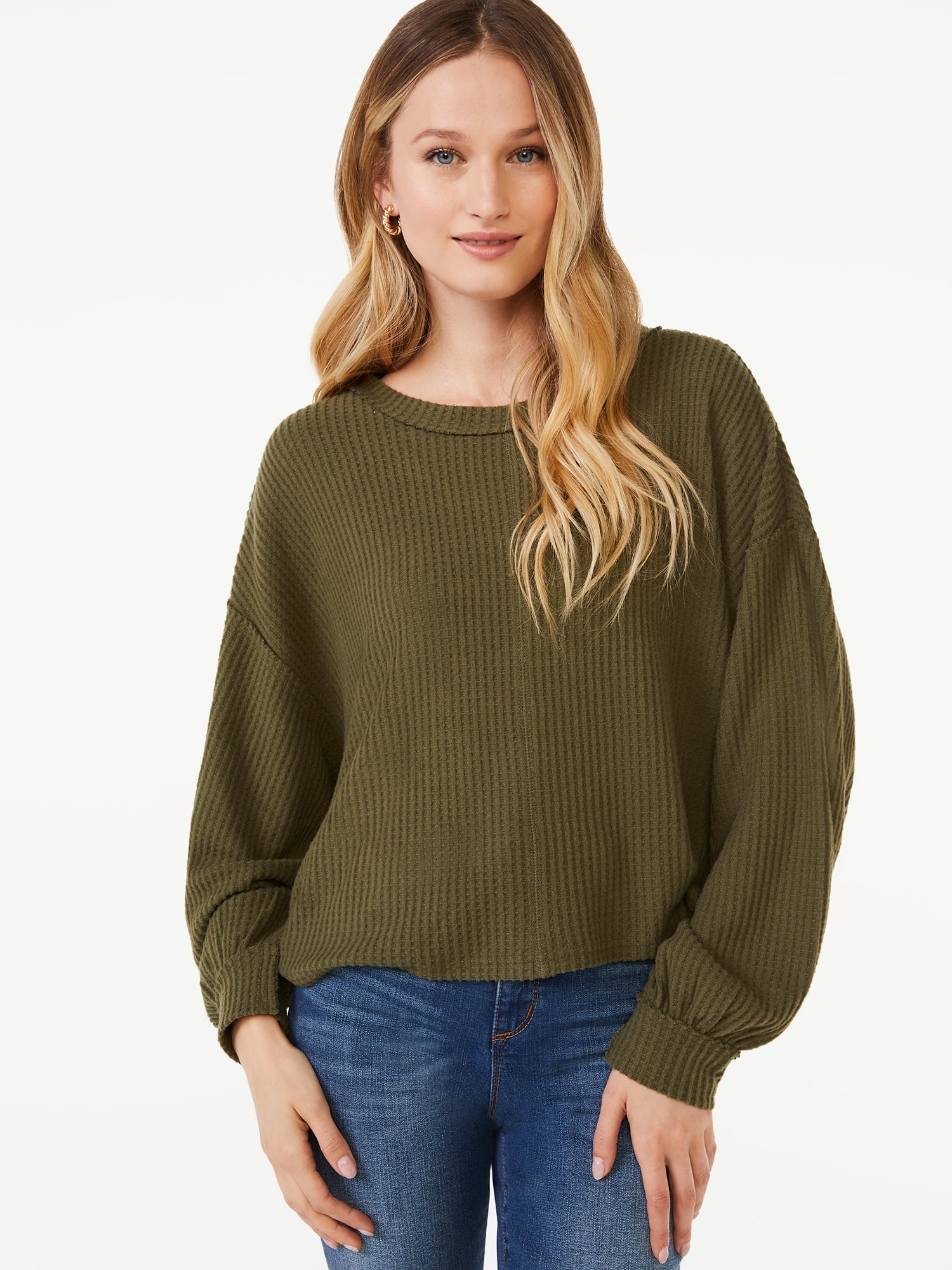 Scoop Women's Waffle Knit Slouch Top with Long Sleeves - Walmart.com