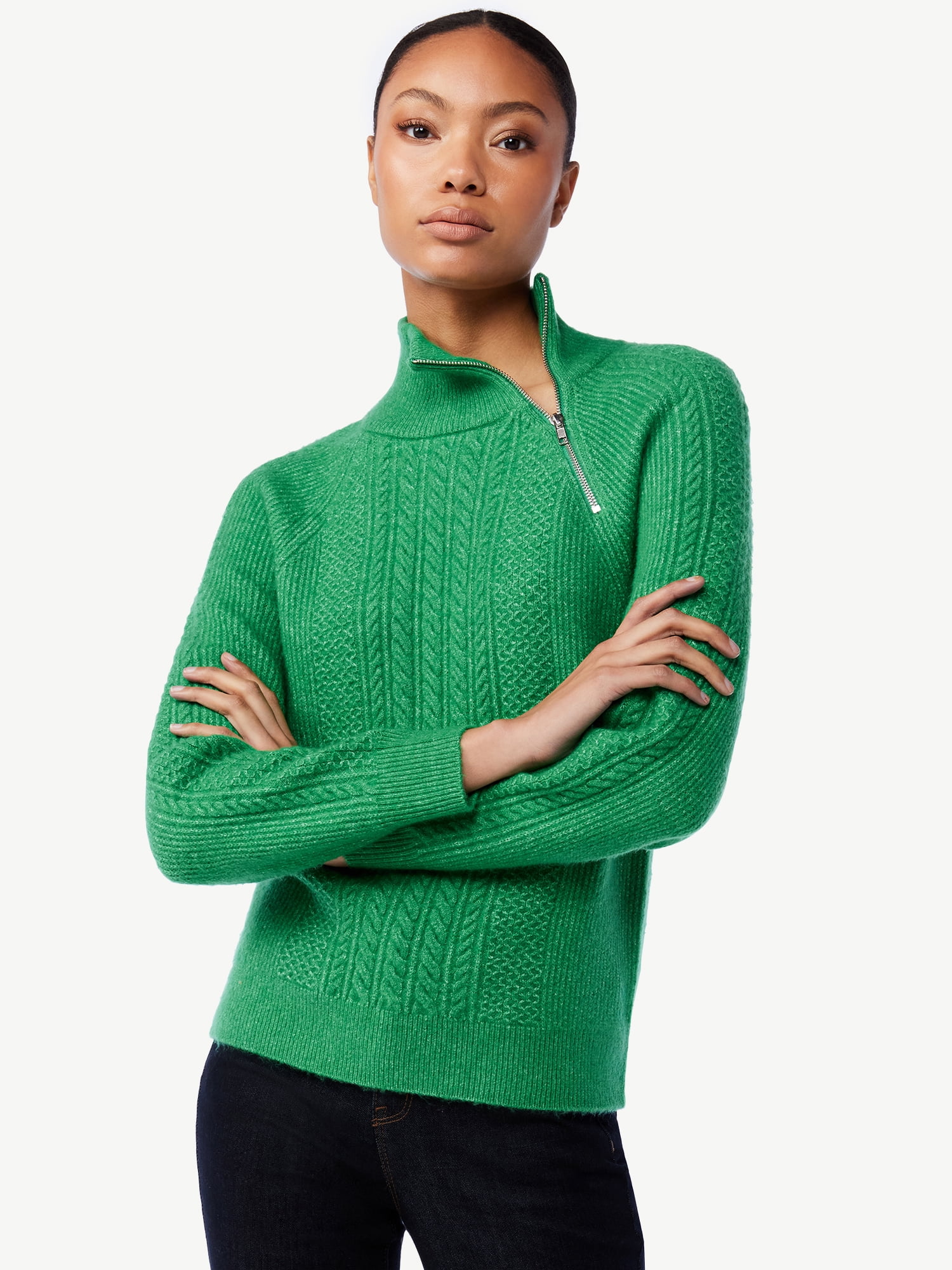 Scoop Women's Zip Neck Cable Sweater - Walmart.com
