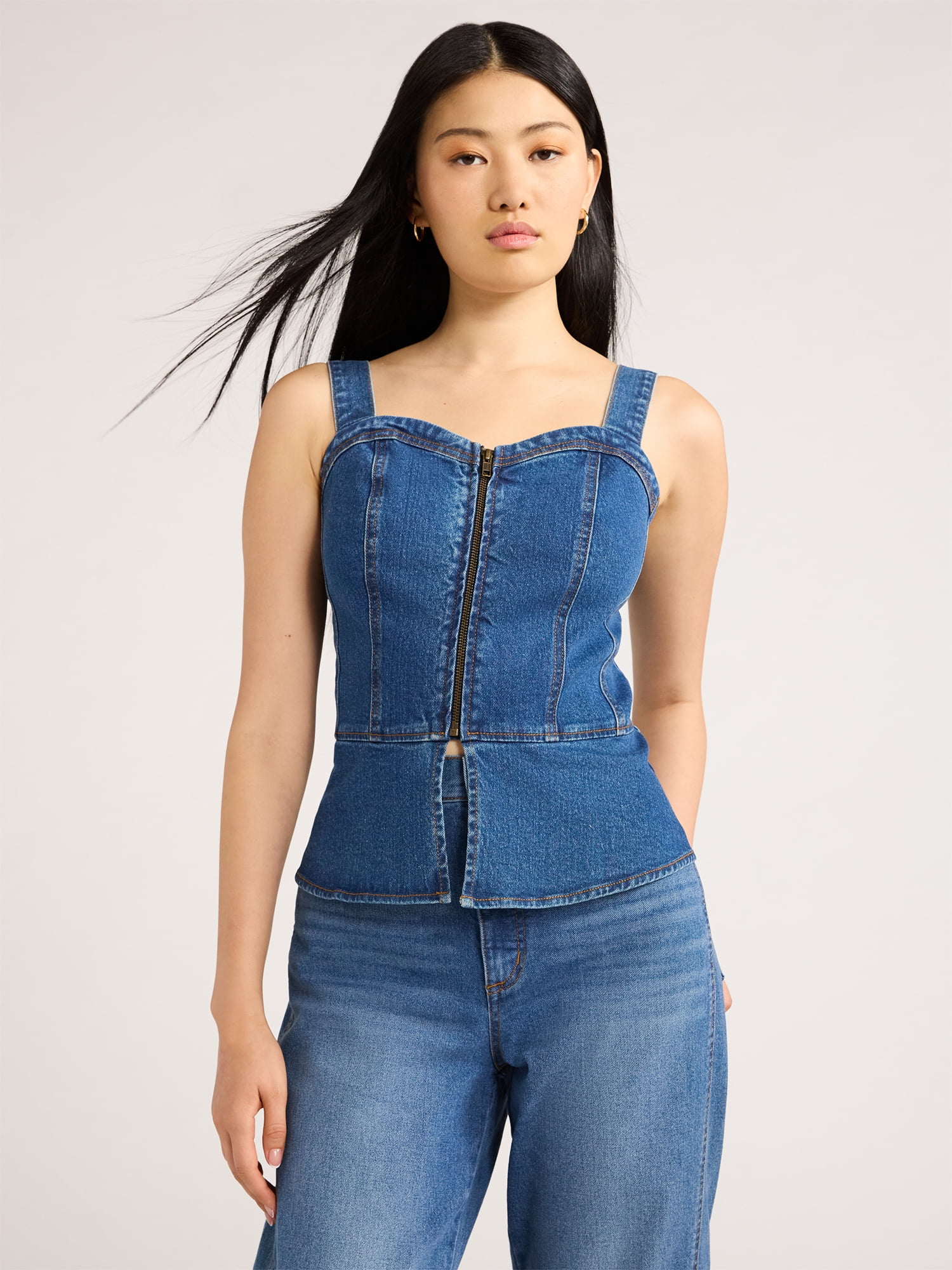 Scoop Women's Zip Up Denim Bustier XS-XXL, Figure-Flattering, Contrast ...