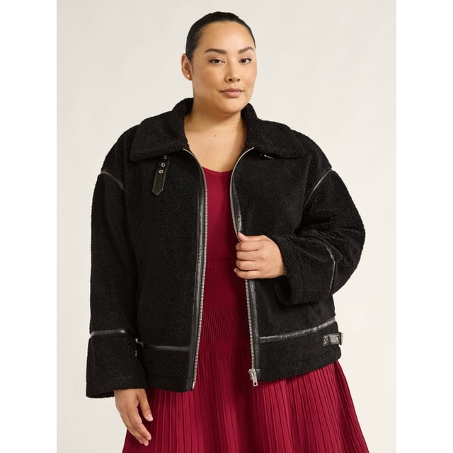 Scoop Women's and Women's Plus Faux Fur Oversized Teddy Jacket, Sizes ...