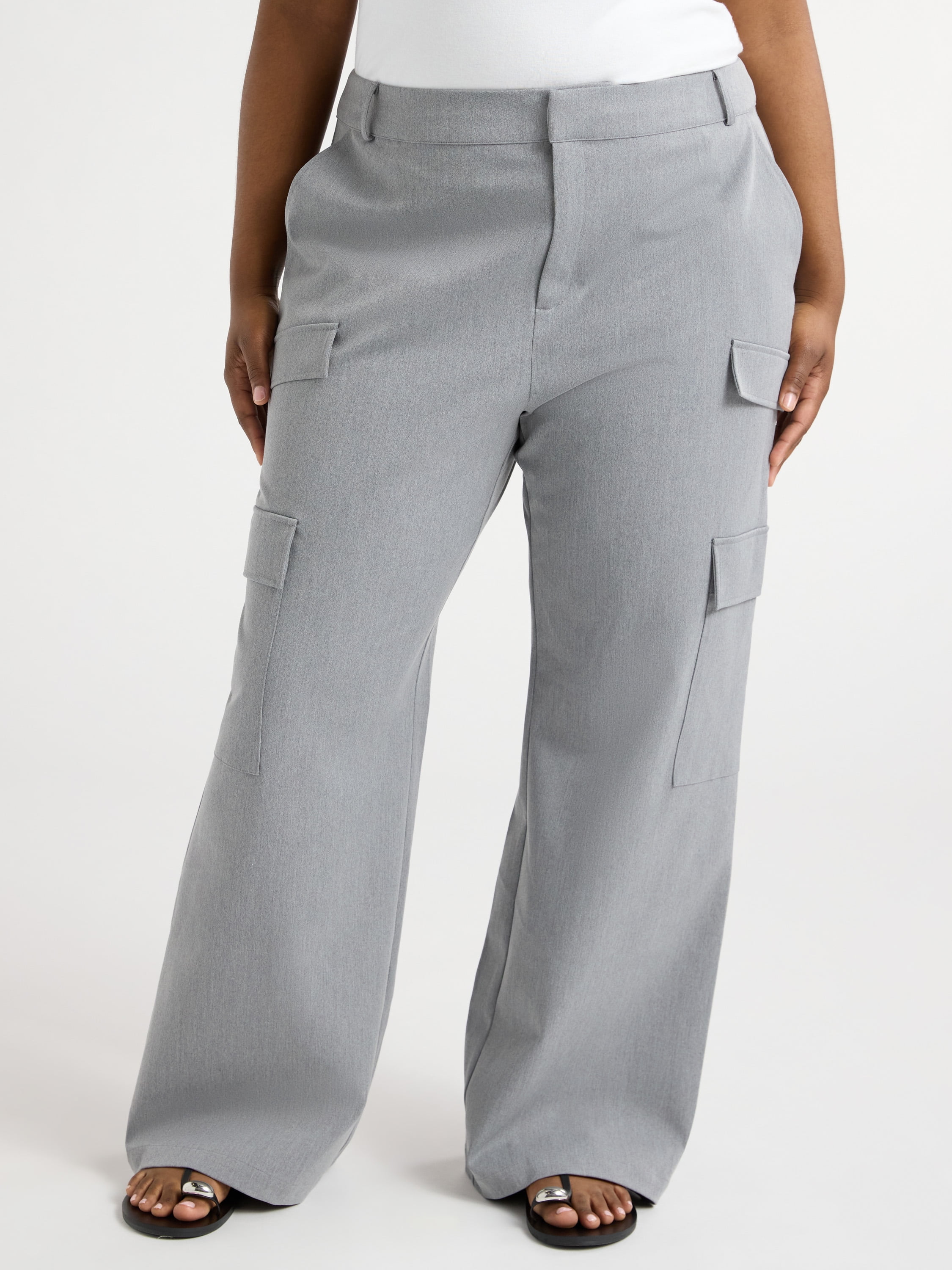 Scoop Women's and Women's Plus Faux Wool Wide Leg Cargo Pants, 32 ...