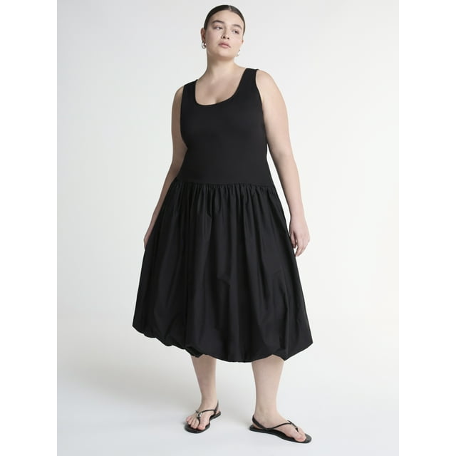 Scoop Women’s and Women's Plus Mixed Media Bubble Hem Midi Dress, Sizes ...