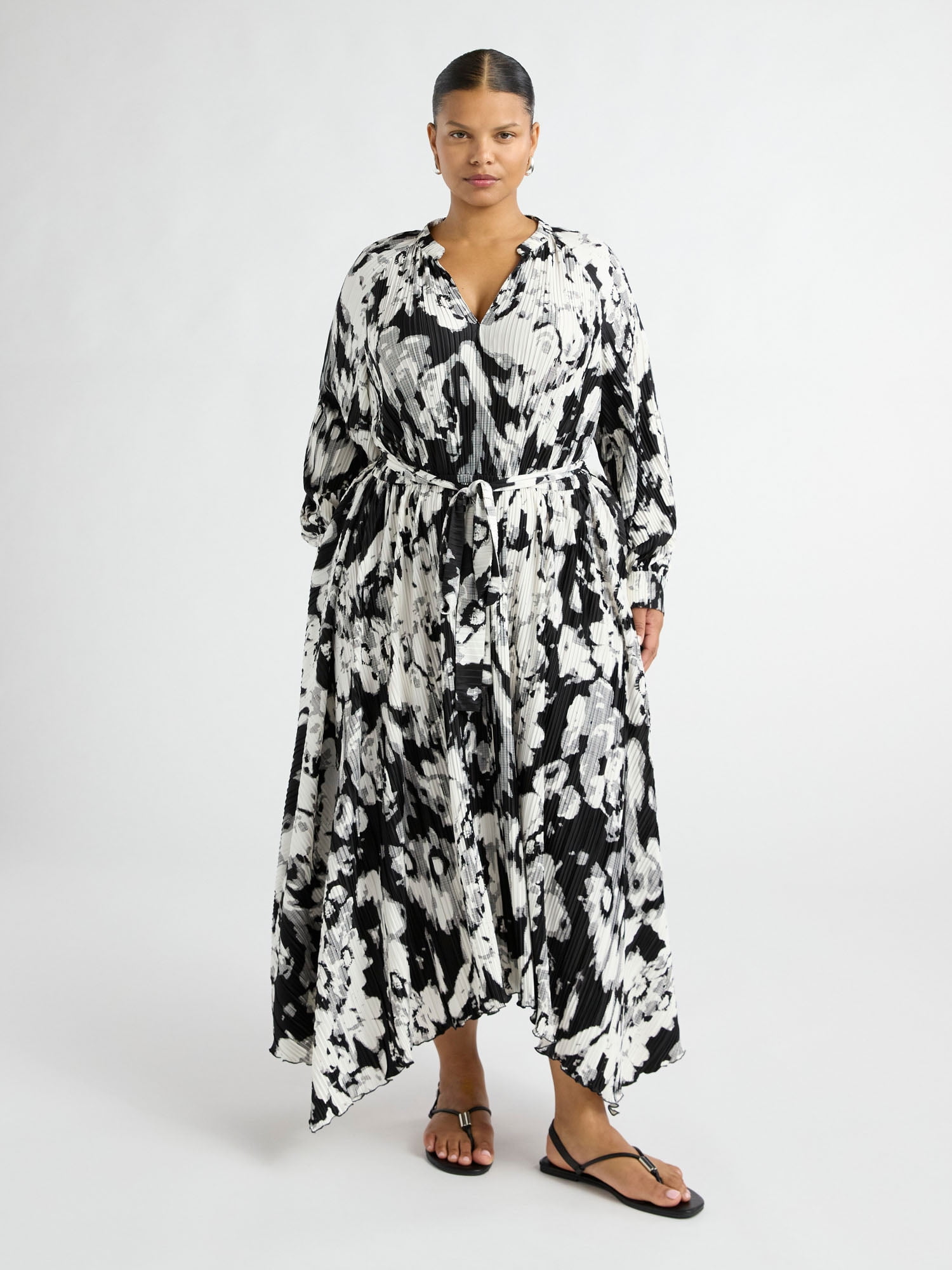 Scoop Women’s and Women's Plus Pleated Handkerchief Hem Dress with Long ...