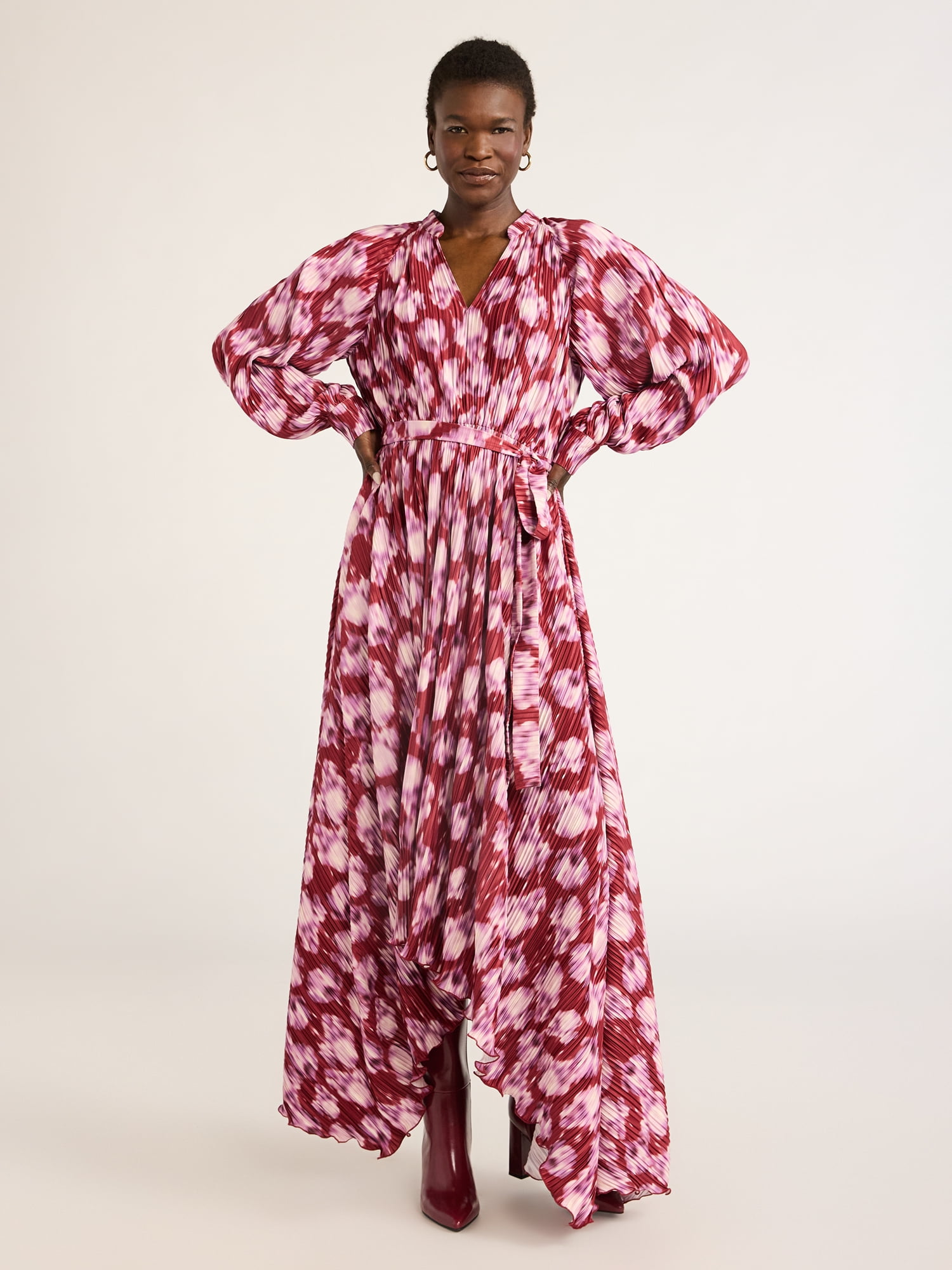 Scoop Women’s and Women's Plus Pleated Handkerchief Hem Dress with Long ...