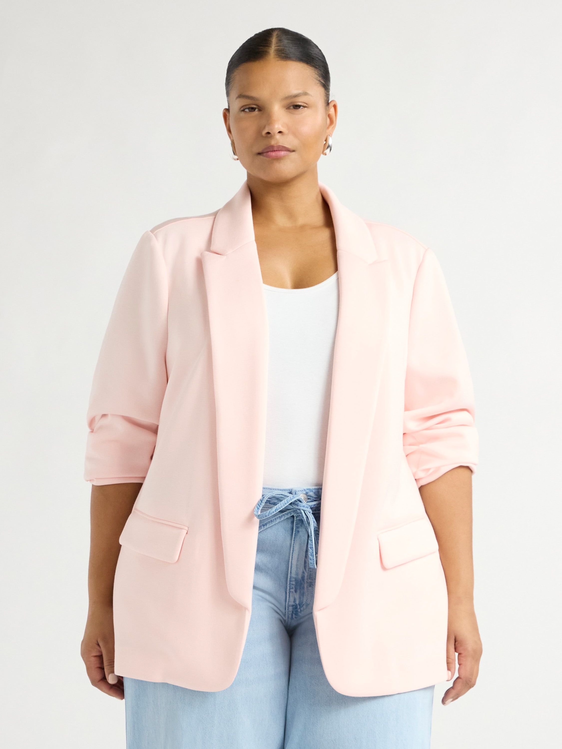 Scoop Women's Relaxed Stretch Scuba Knit Blazer with Scrunch Sleeves ...