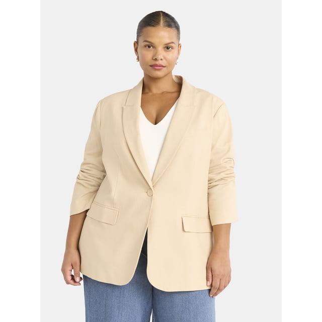 Scoop Women's and Women's Plus One Button Linen Blend Blazer, Sizes XS ...