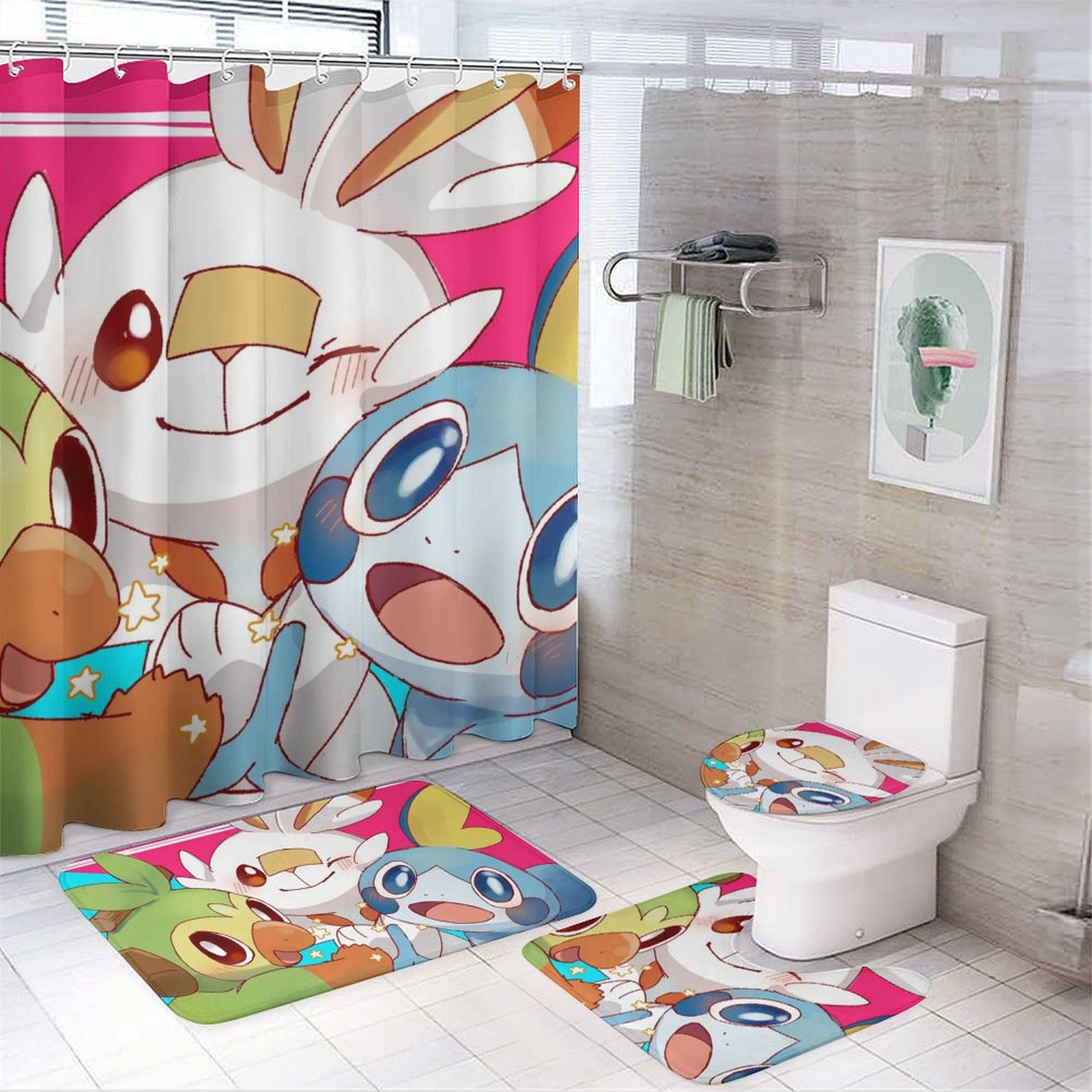 Scorbunny Cartoon Shower Curtain Set for Bathroom 4 Piece Bathroom ...