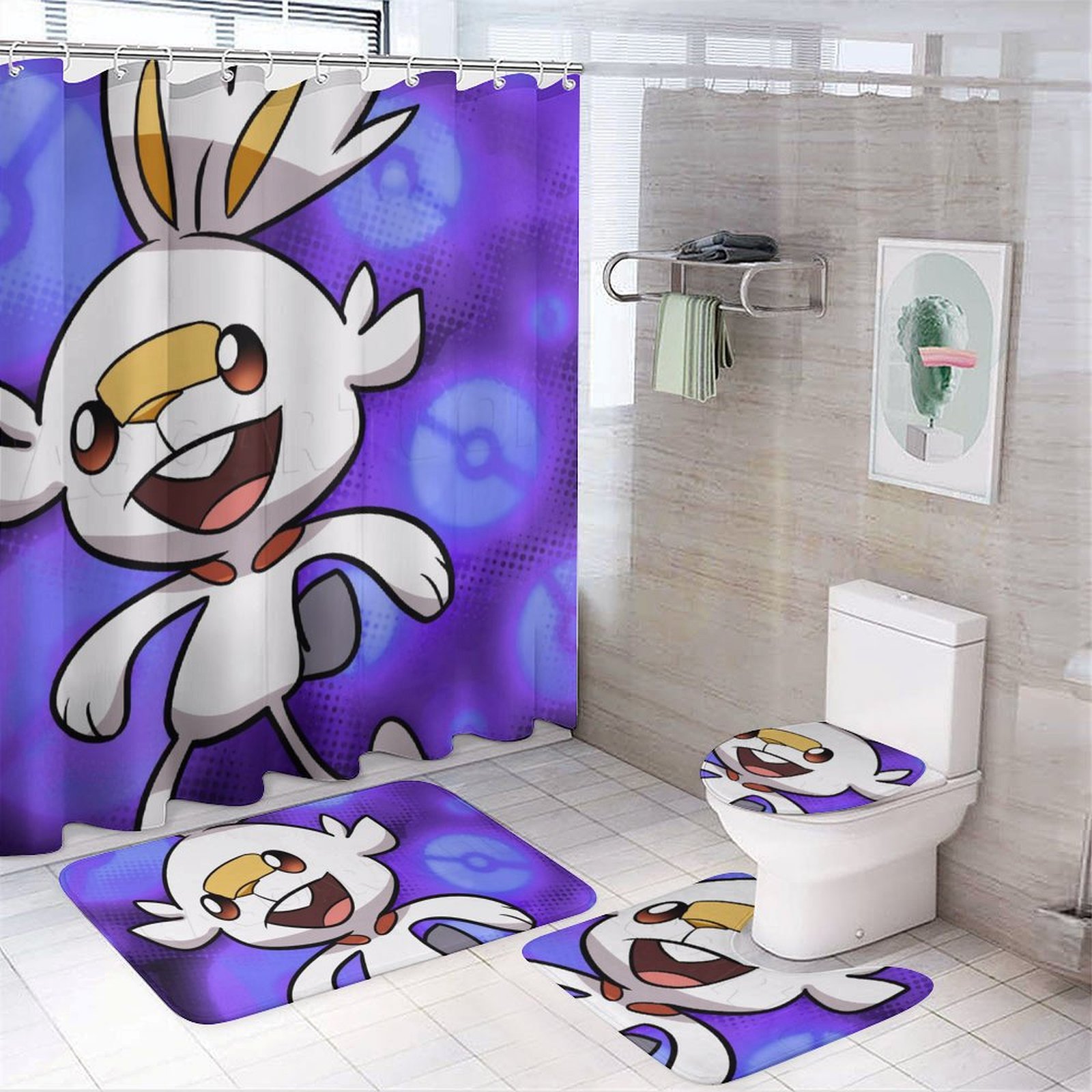 Scorbunny Cartoon Shower Curtain Set for Bathroom 4 Piece Bathroom ...
