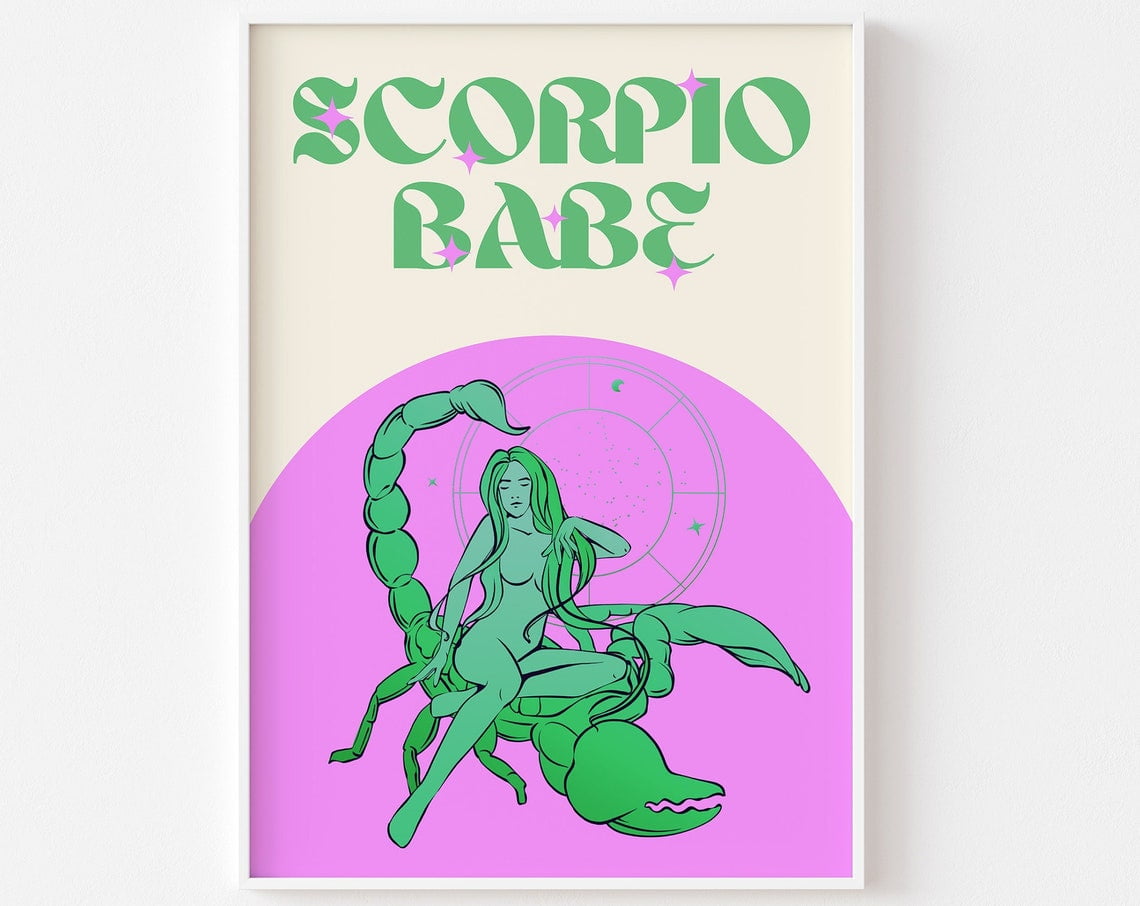 Scorpio Star Sign Print - Scorpio Babe, Zodiac Art, Colourful Astrology Poster, Retro Star Sign ...