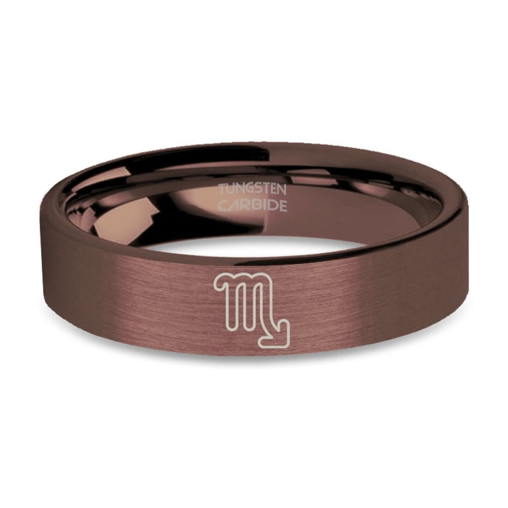 Scorpio Zodiac Symbol Engraved Rustic Brushed Brown Tungsten Ring, 6mm ...