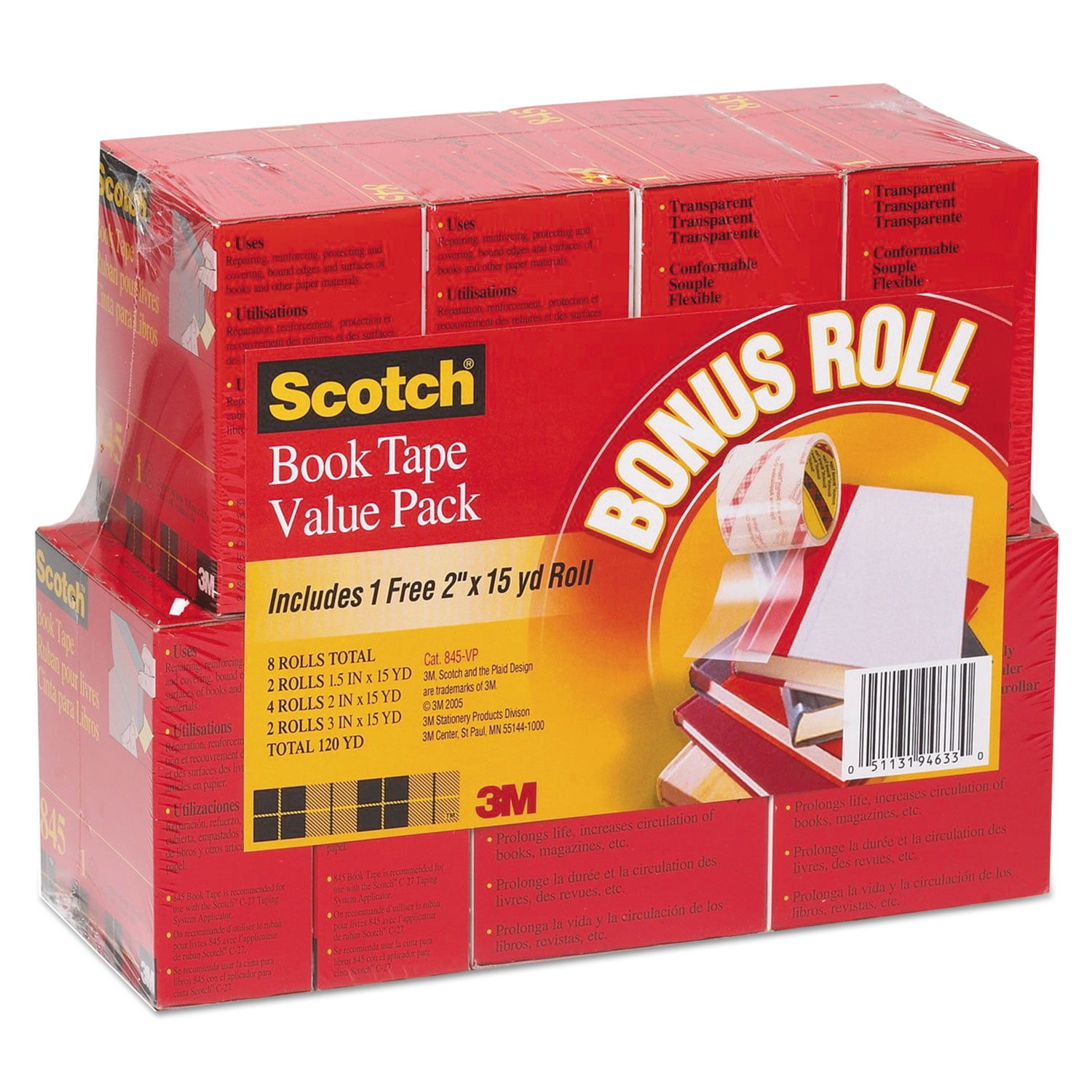 Scotch Book Tape Value Pack, 3" Core, (2) 1.5" x 15 yds, (4) 2" x 15 ...