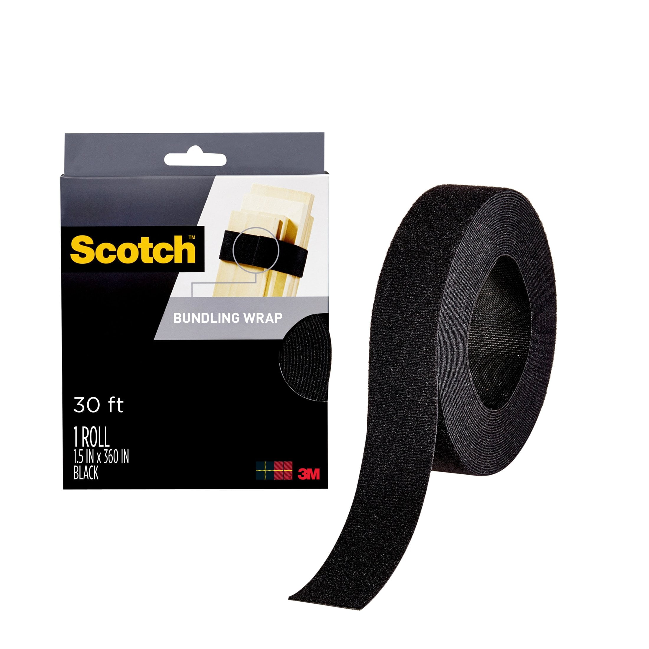 Scotch Black Hook & Loop Fasteners, Bundling Wrap, 1 1/2 in x 30 ft, 1 ...
