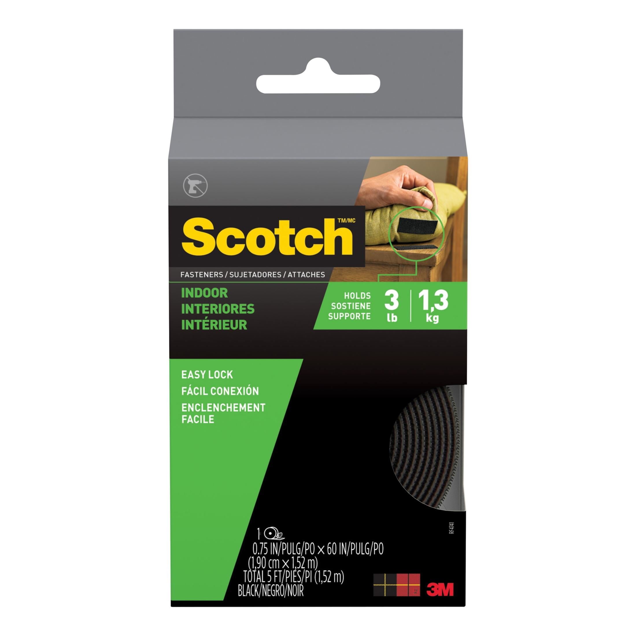 Scotch Black Hook & Loop Fasteners, Indoor Use, Holds 3 lbs, 3/4 in x 5 ...