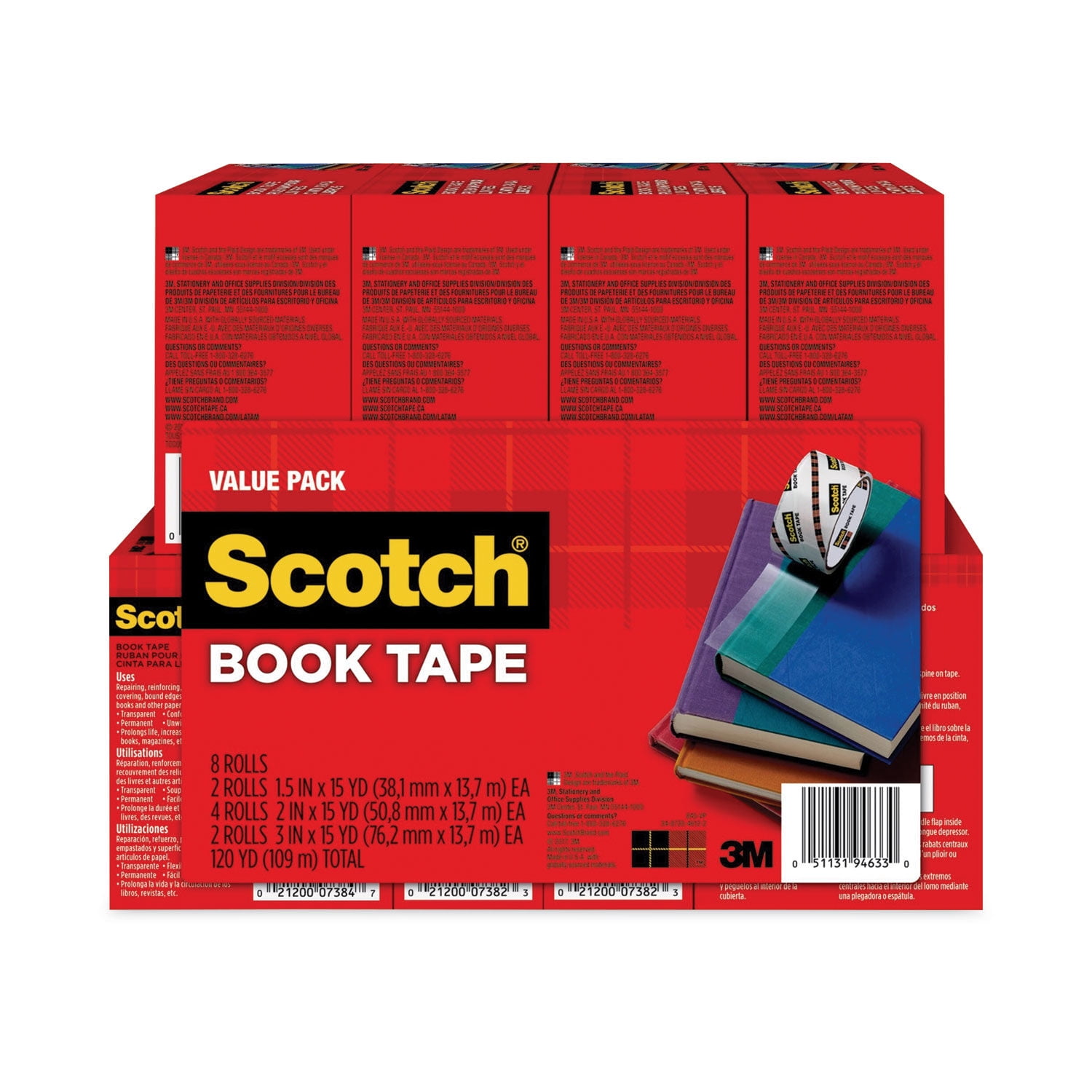 Scotch Book Tape Value Pack 3" Core, (2) 1.5" x 15 yds, (4) 2" x 15 yds ...