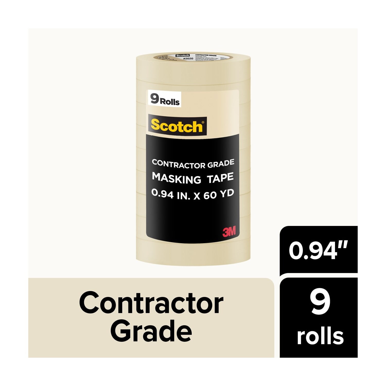 Scotch Contractor Grade Masking Tape, 0.94 in x 60.1 yd, Tan, 9 Rolls ...