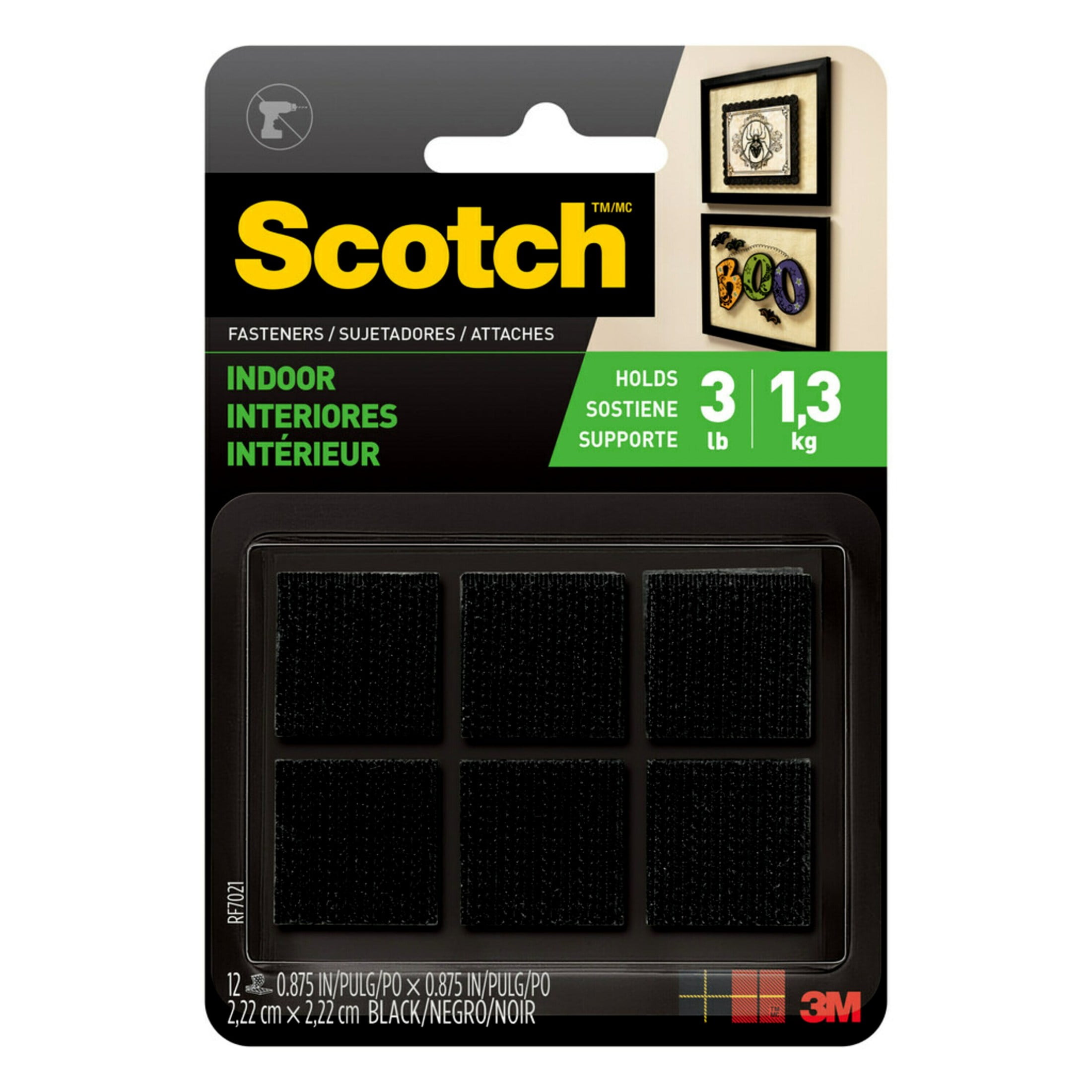 Scotch Indoor Fasteners, Holds 3 lbs., Black, 7/8" x 7/8", 12 Sets ...