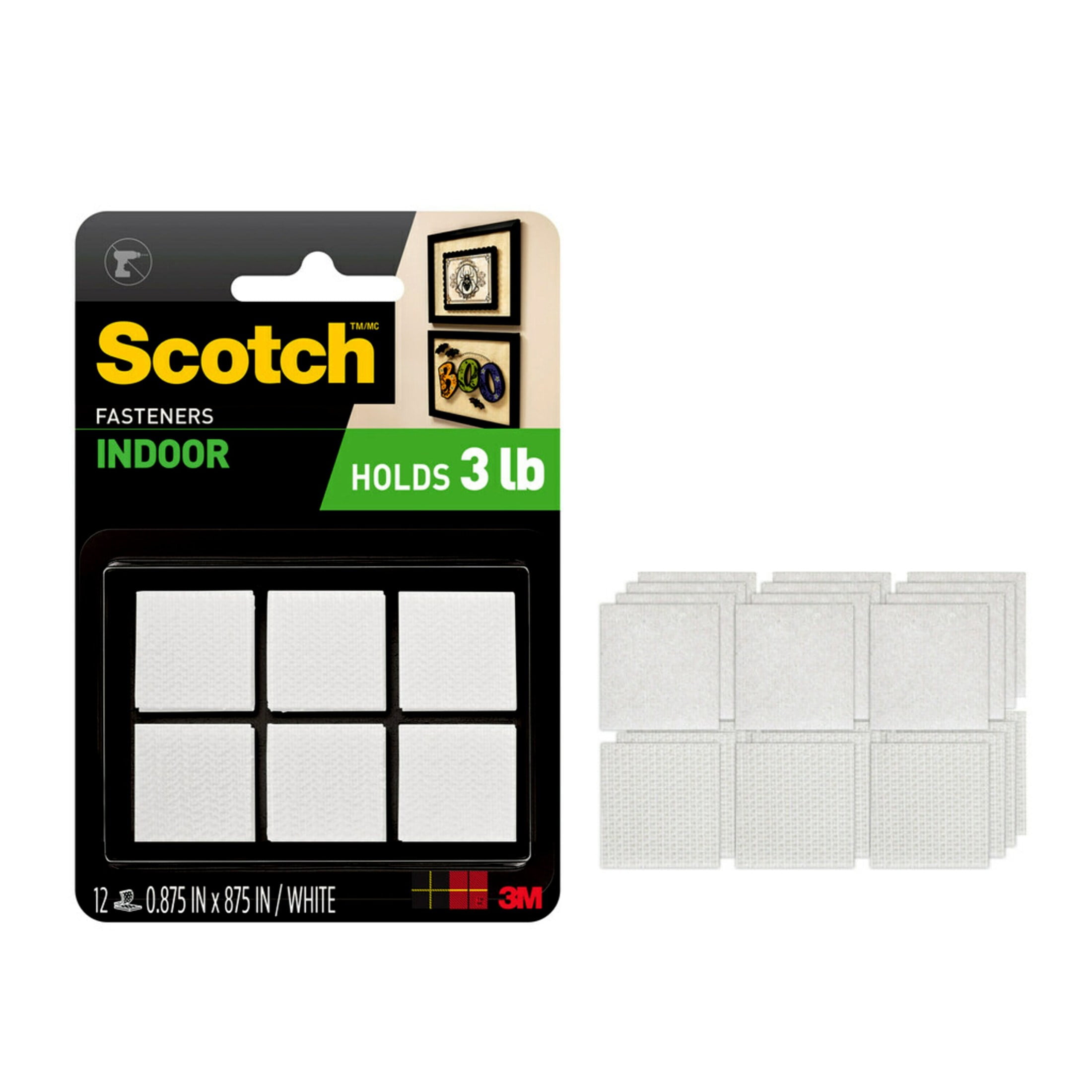 Scotch Indoor Fasteners, Holds 3 lbs., White, 7/8" x 7/8", 12 Sets ...
