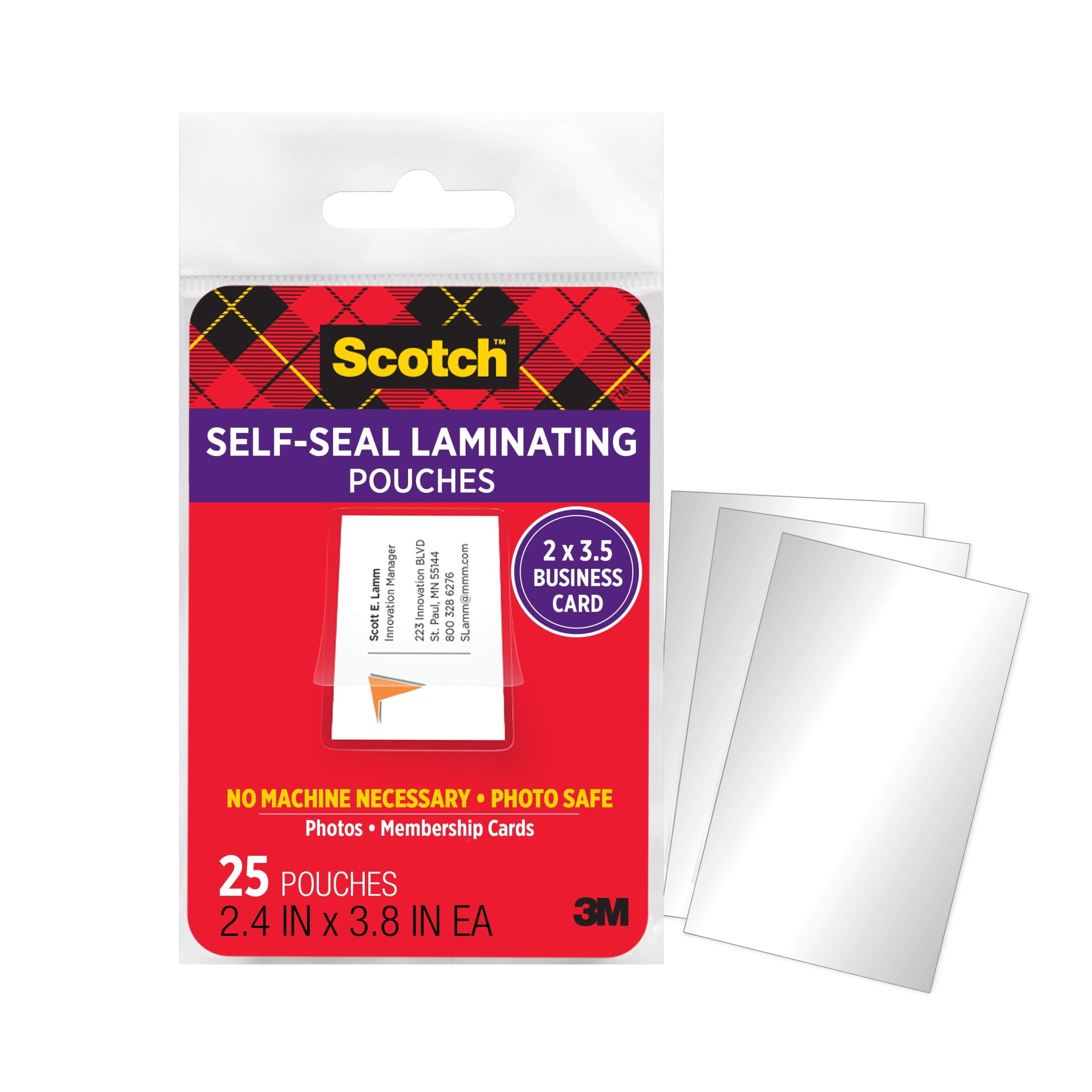 Scotch, Self-Sealing Laminating Pouches, 2x3.5", 9.5 Mil, Pack of 25 ...