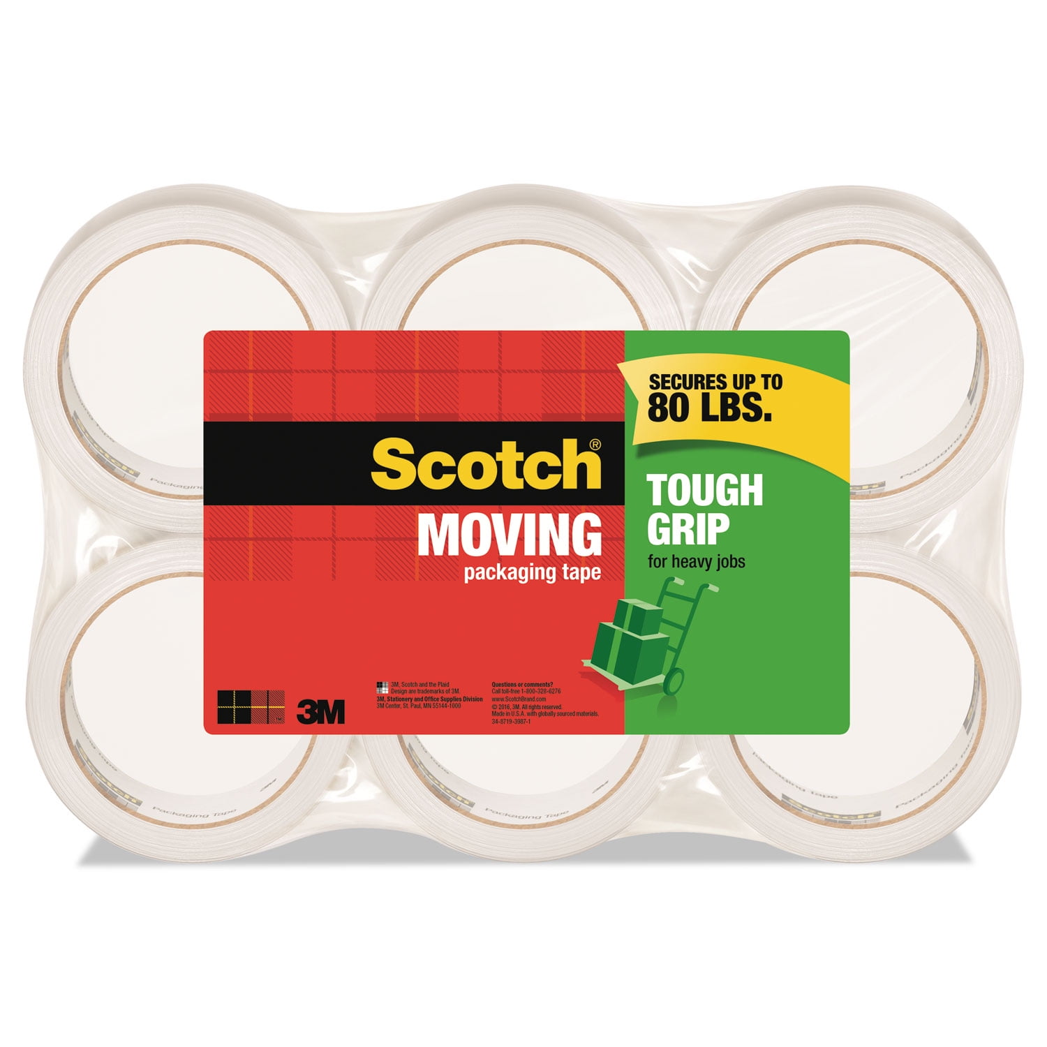 Scotch Tough Grip Moving Packaging Tape, 3" Core, 1.88" x 54.6 yds ...