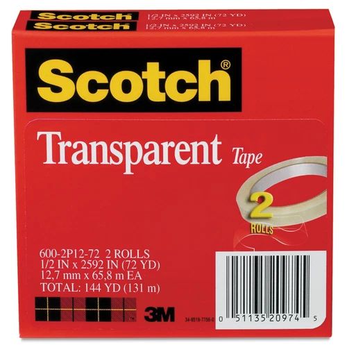 Scotch Transparent Tape 600 2P12 72 1/2" X 2592" 3" Core Transparent 2 ...