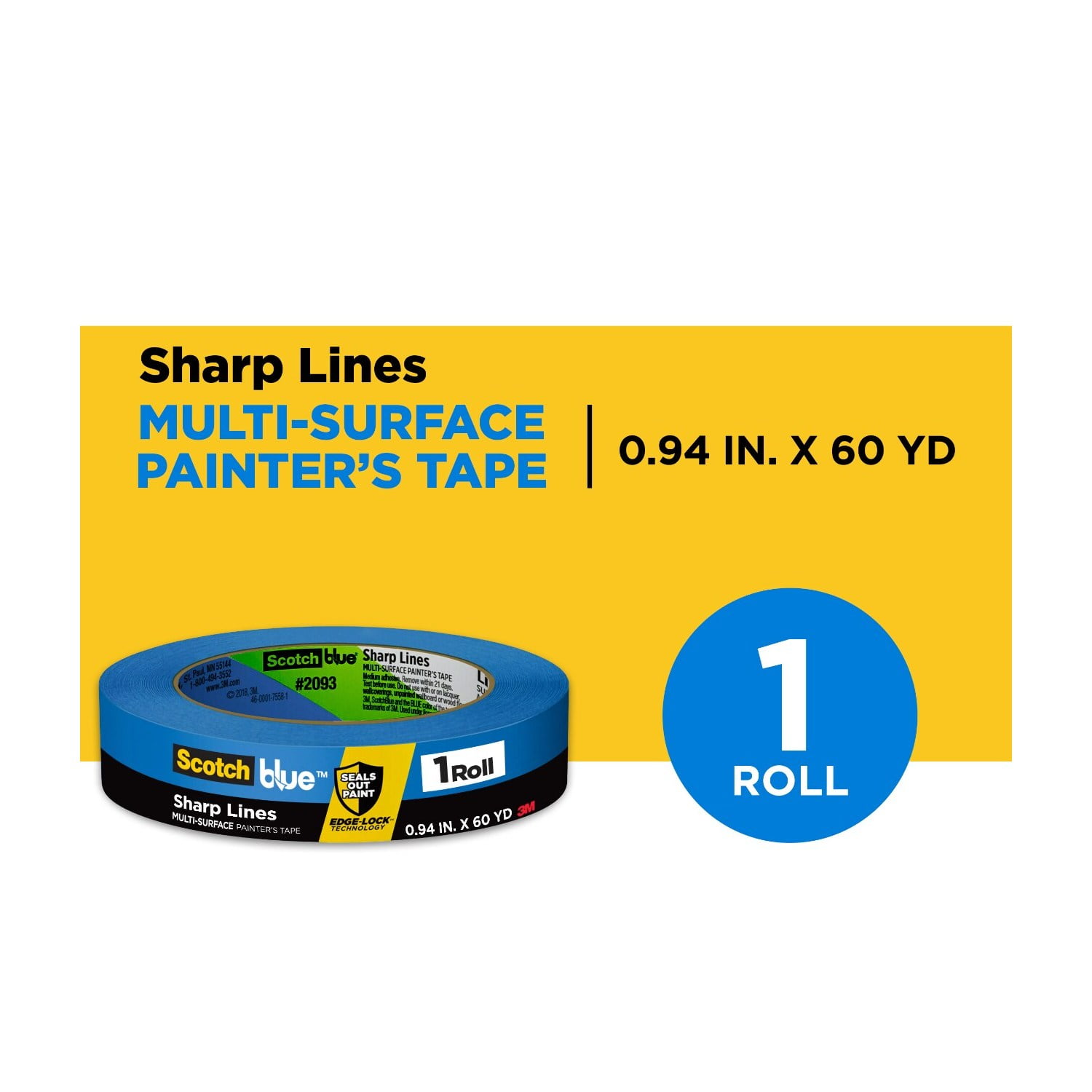 ScotchBlue Sharp Lines Painter's Tape, Blue, 0.94 in x 60 yd, 1 Roll ...