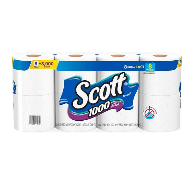 Kimberly-Clark Scott 1-Ply Standard Toilet Paper, White, 1000 Sheets/Roll, 32 Rolls/Case ...