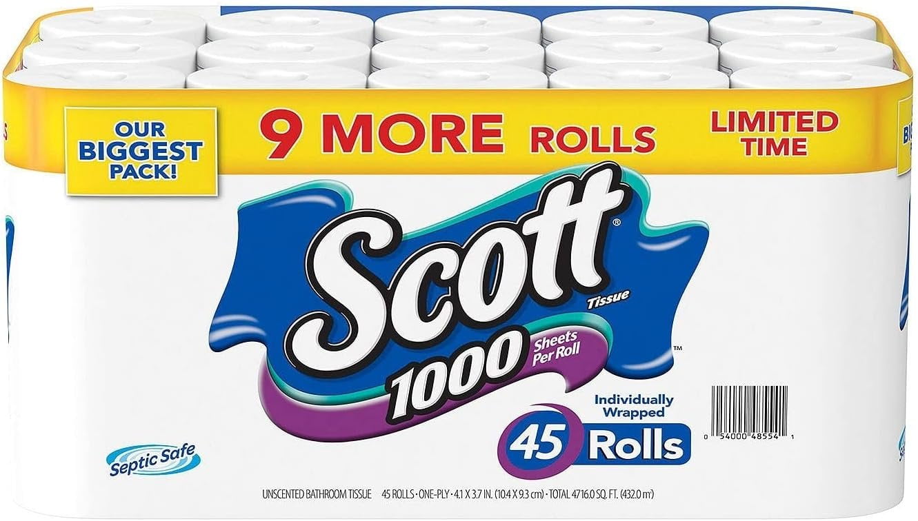 Scott Toilet Paper, 1000 Sheets per Roll, 45 Rolls, Septic Safe ...