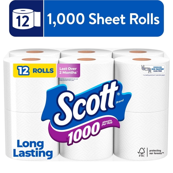 Scott 1000 Toilet Paper, 12 Rolls, 1-Ply, 1000 Sheets per Roll ...