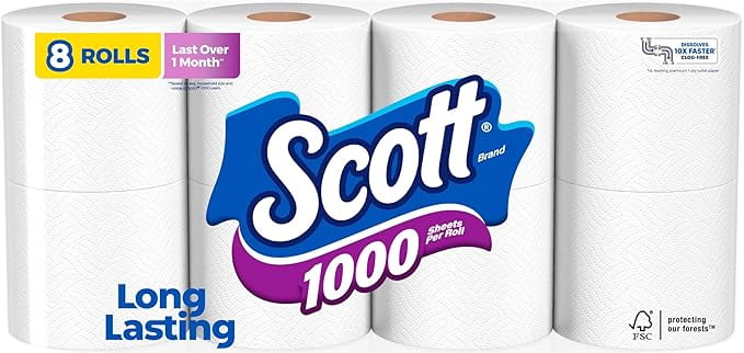 Scott 1000 Toilet Paper, 8 Rolls, Septic-Safe, 1-Ply Toilet Tissue ...