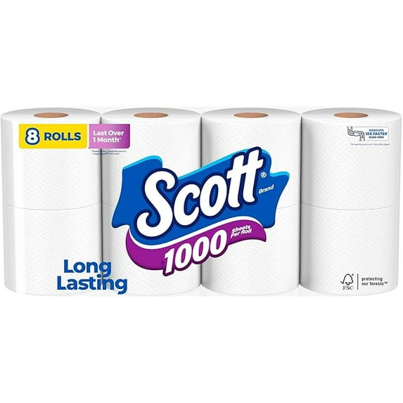 Scott 1000 Toilet Paper, 8 Rolls, Septic-Safe, 1-Ply Toilet Tissue ...