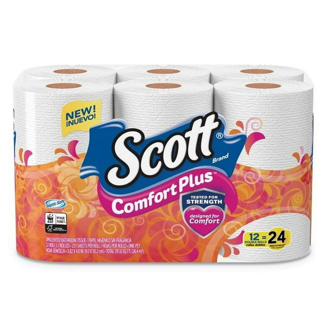 Scott ComfortPlus, Safe & Septic Friendly, 1-Ply Toilet Paper, 231 Sheets, 12 Double Rolls Pack ...