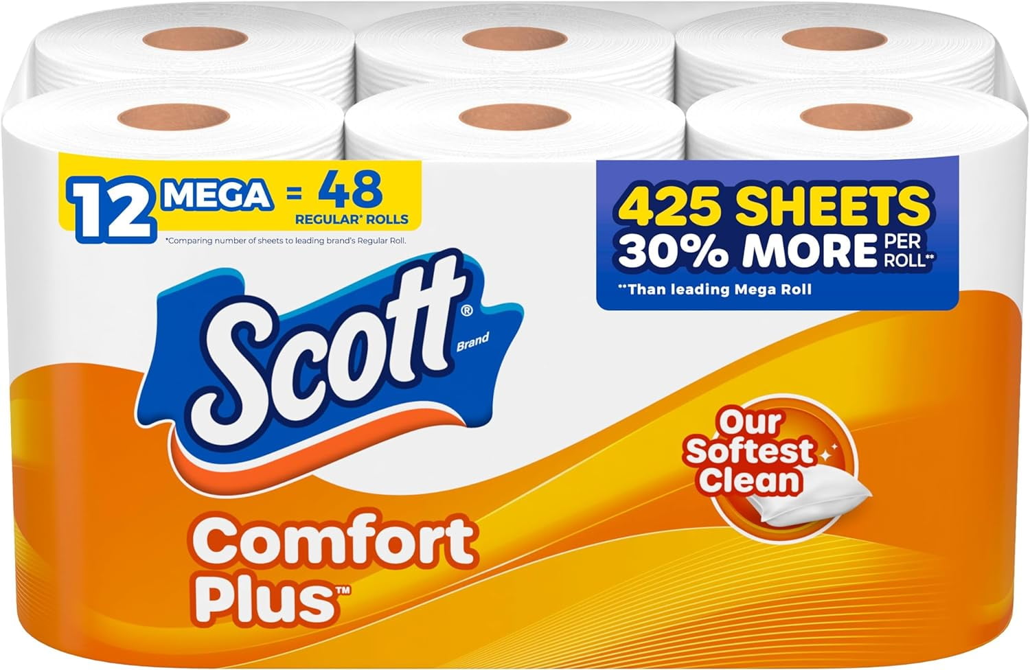 Scott ComfortPlus Toilet Paper, 12 Mega Rolls, 425 Sheets per Roll, 1 ...