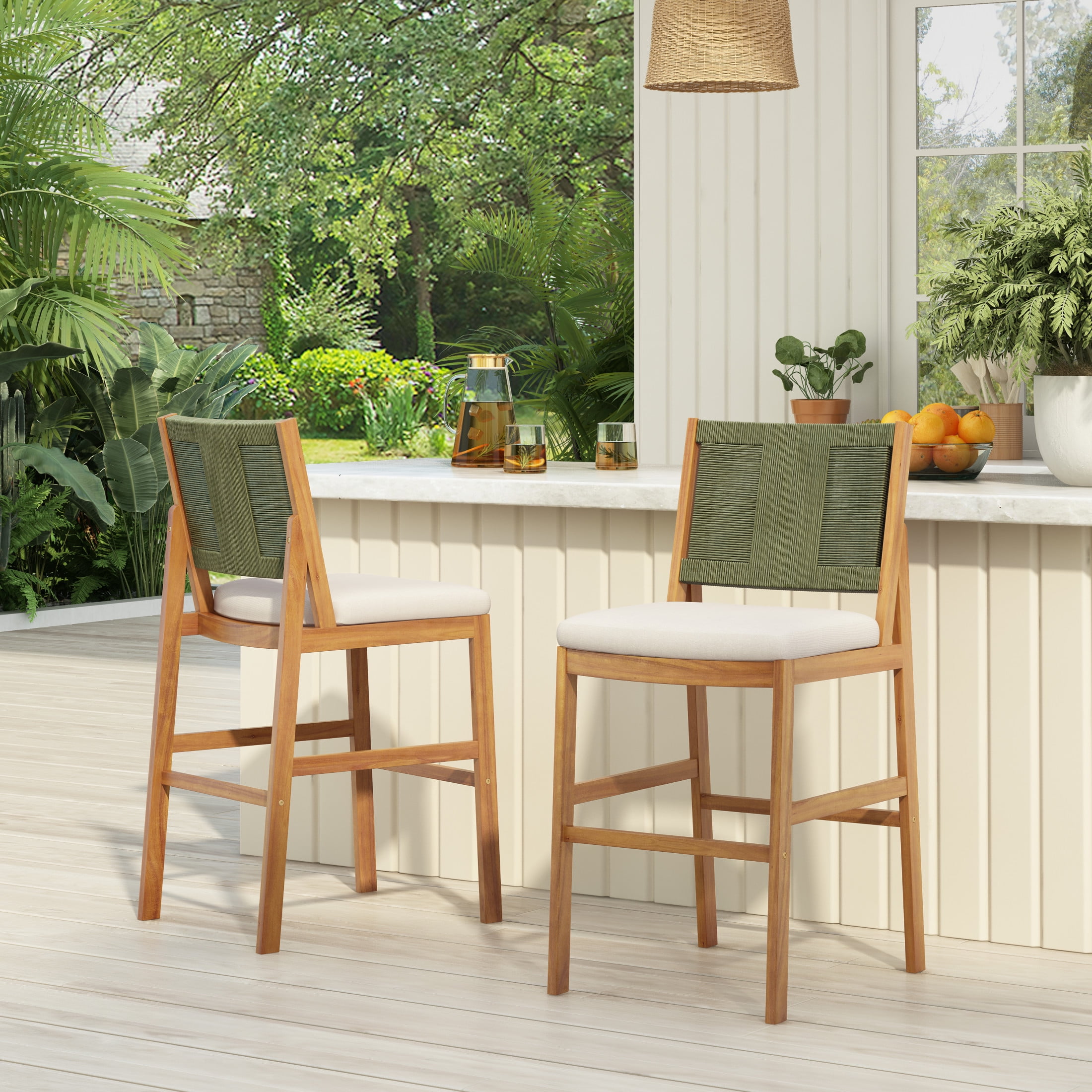 Scott Living Arly Green Outdoor Bar Stool Solid Acacia Wood and Woven ...