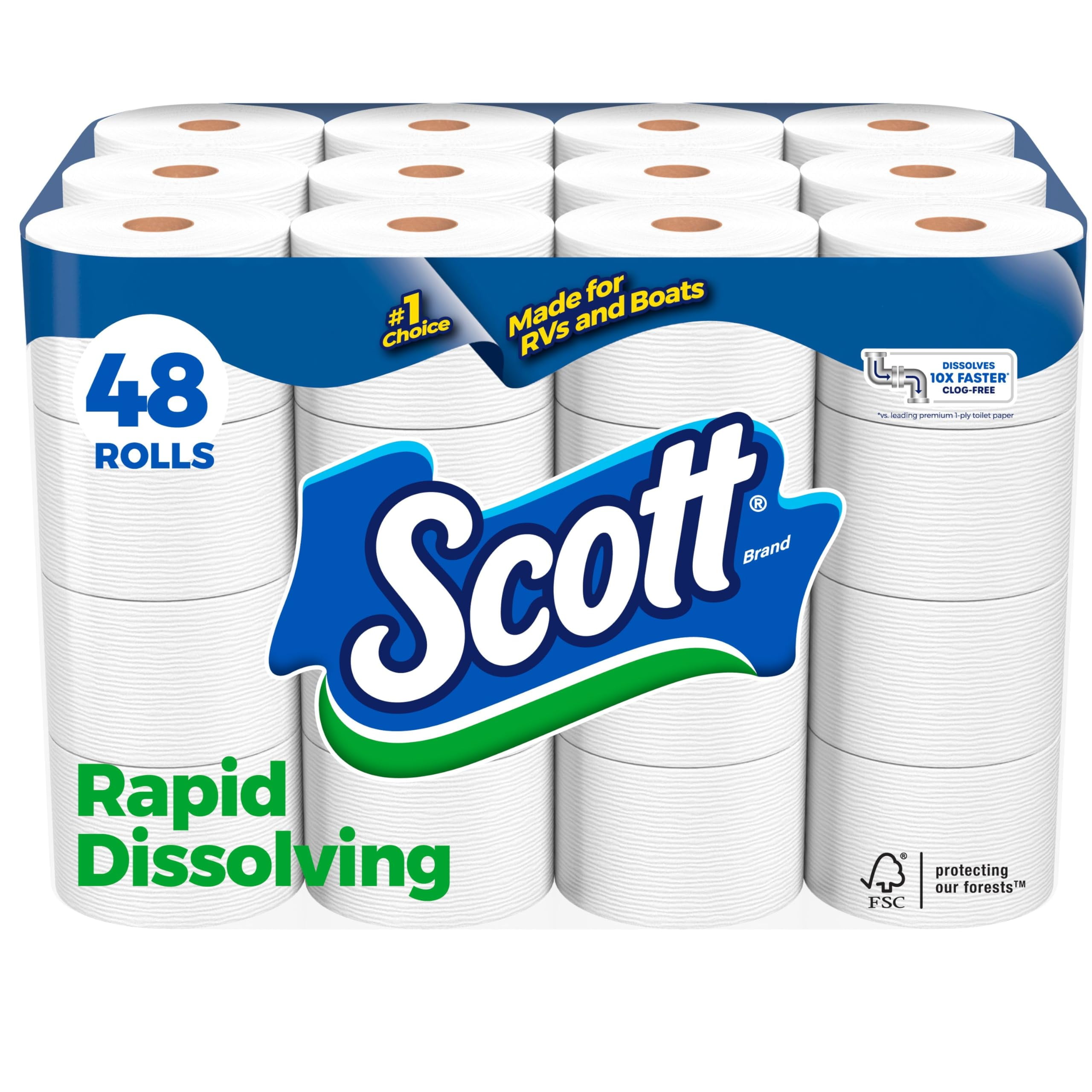 Scott Rapid-Dissolving Toilet Paper, MSF2 48 Double Rolls (6 Packs of 8 ...