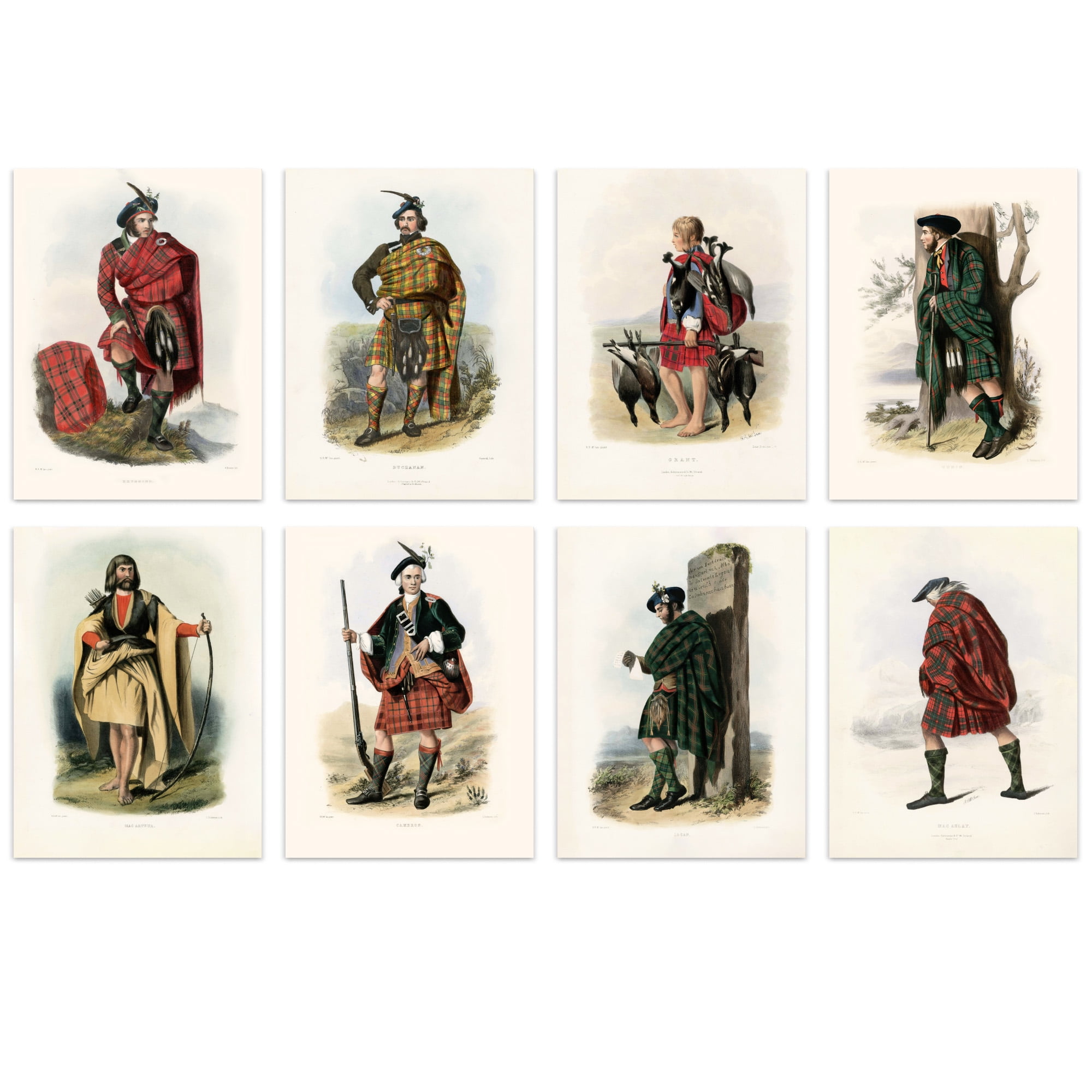 Scottish Clan Tartan Portraits Set Of 8 Unframed Wall Art Prints Study ...